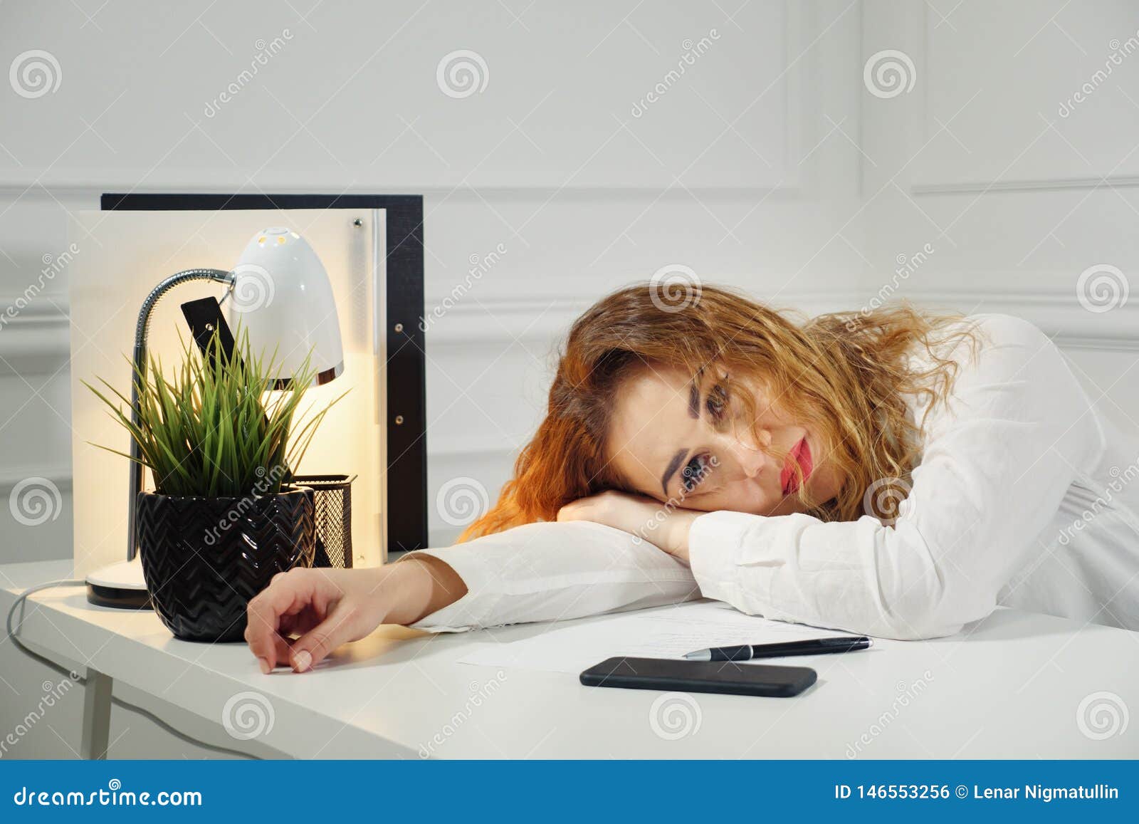 Bored Female Worker Lie at Office Desk Think about Problem Solution ...