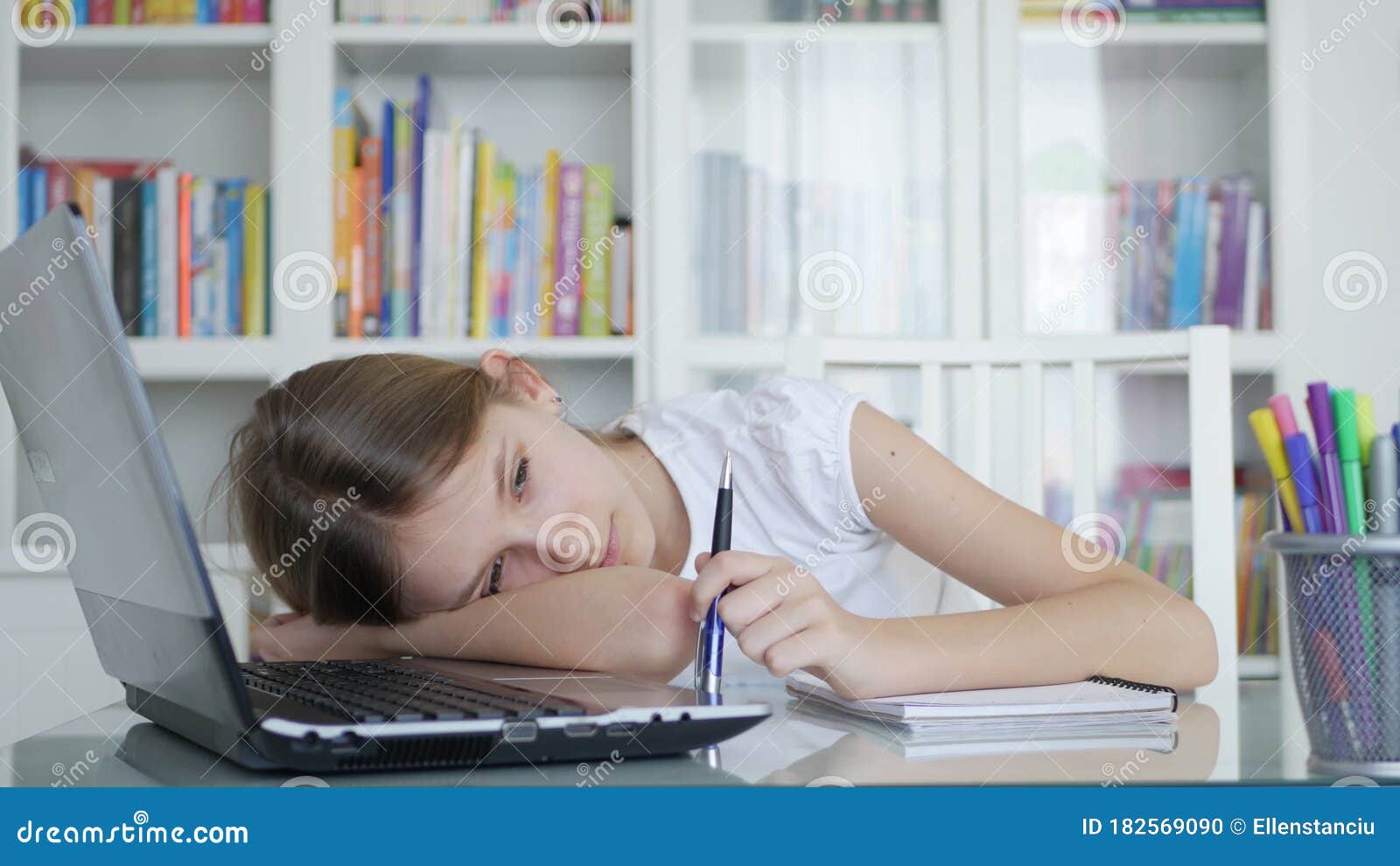 Bored Kid Studying for School, Tired Child at Study Office, Girl Doing ...
