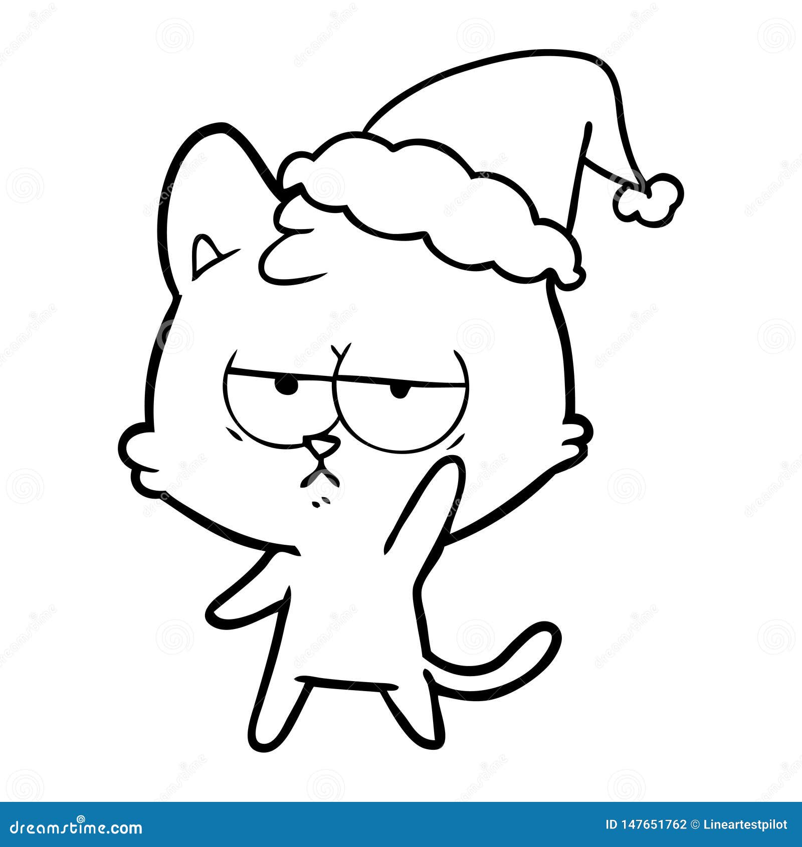 Bored Line Drawing of a Cat Wearing Santa Hat Stock Vector ...