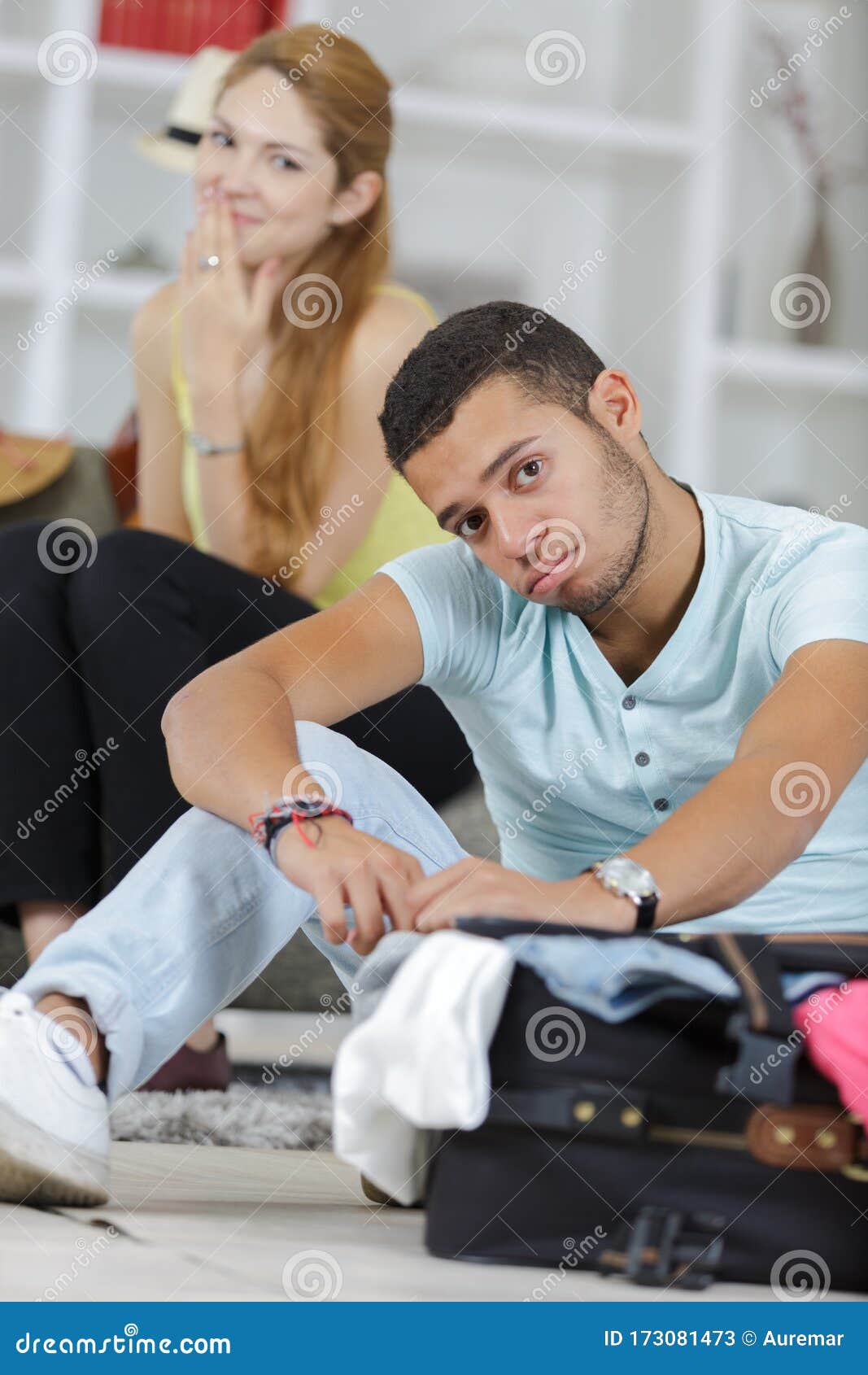Bored Man Preparing for Travel Vacation Stock Image - Image of ...