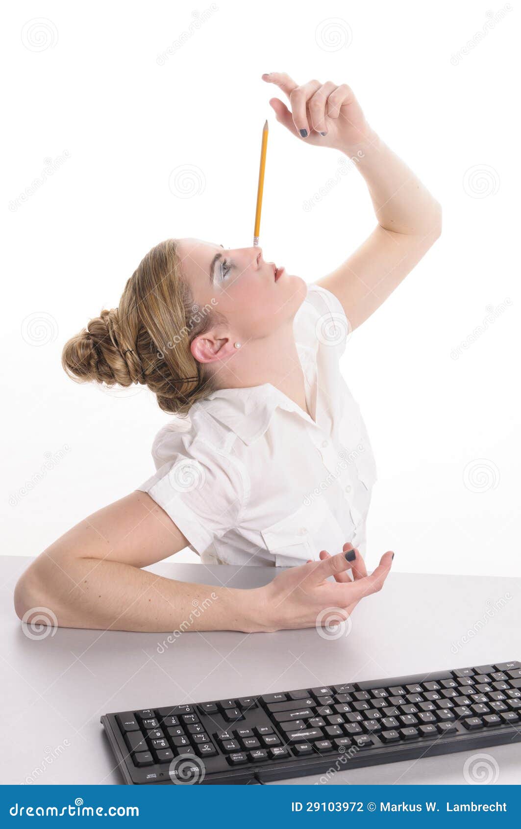Bored at the Office, Pencil Poised Woman Stock Photo - Image of ...