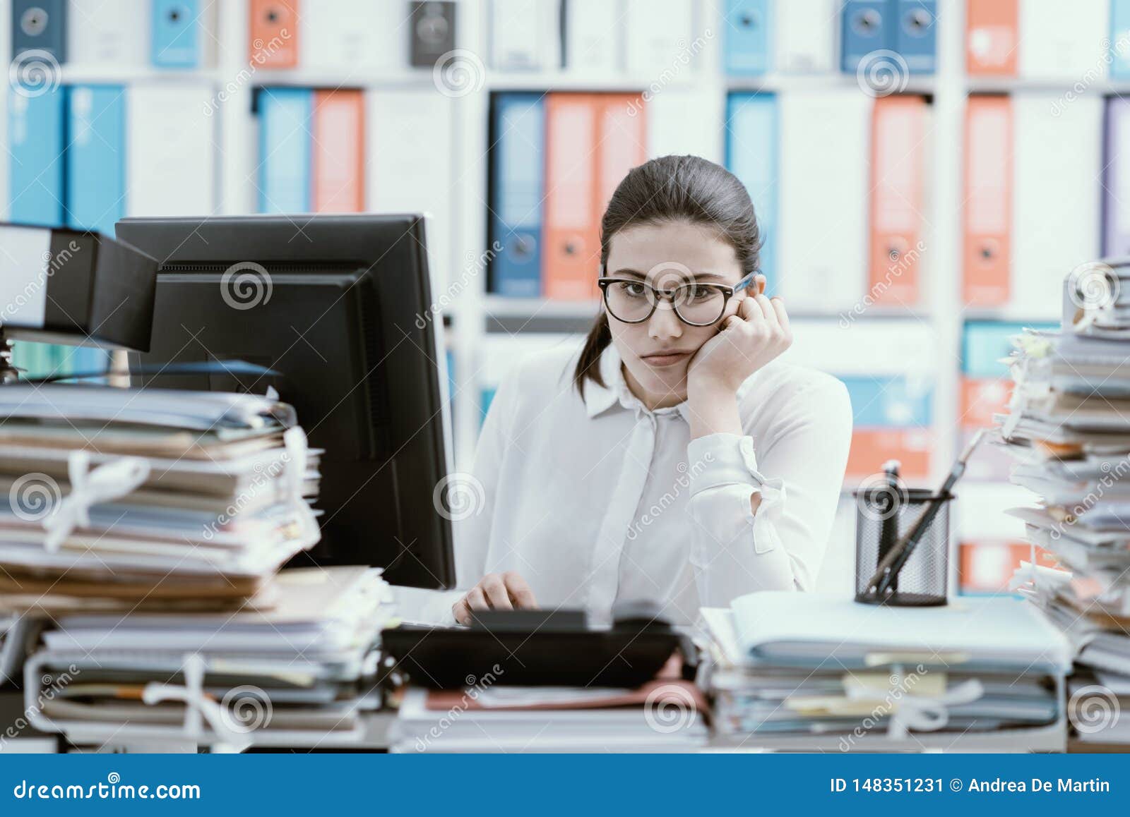 Bored Office Worker Sitting at Desk Stock Image - Image of employee ...