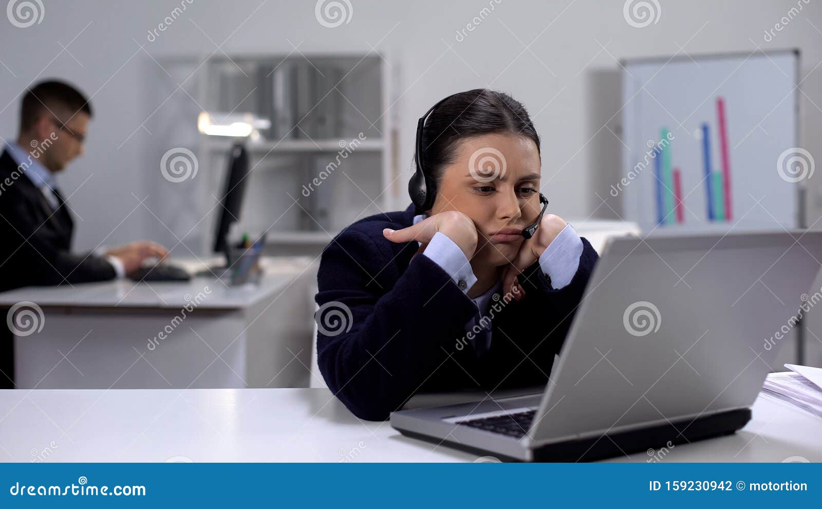 Bored Operator in Headset at Workplace Waiting for Customer Call ...