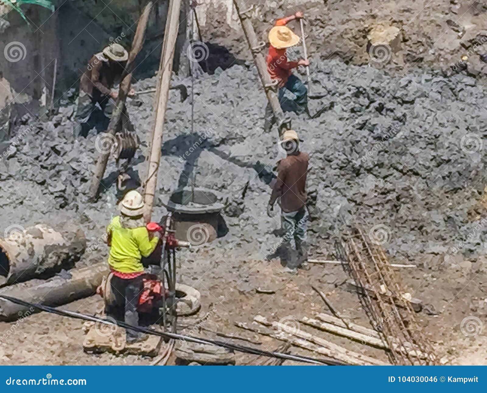Bored Piling Workers are Drilling Mud Hole with Tripod Rig and S ...