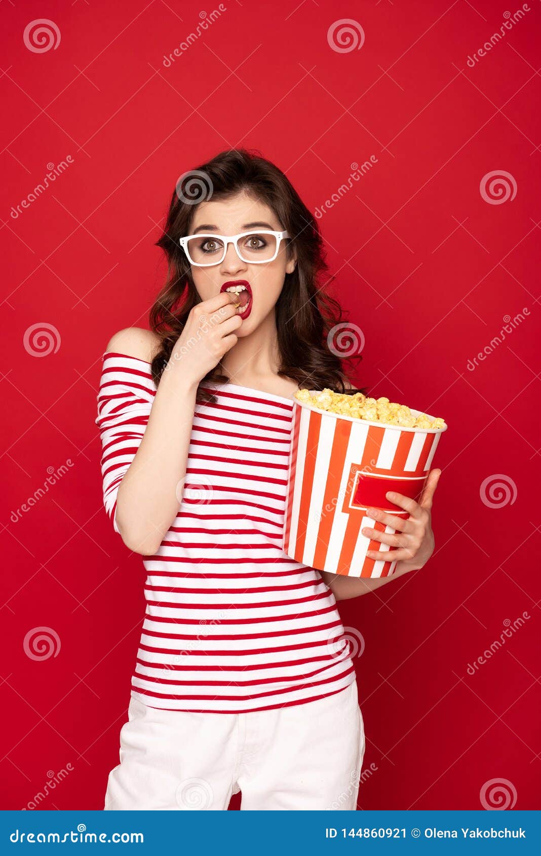 Bored Pretty Brunette Lady Eating Pop Corn Stock Image Image Of Look