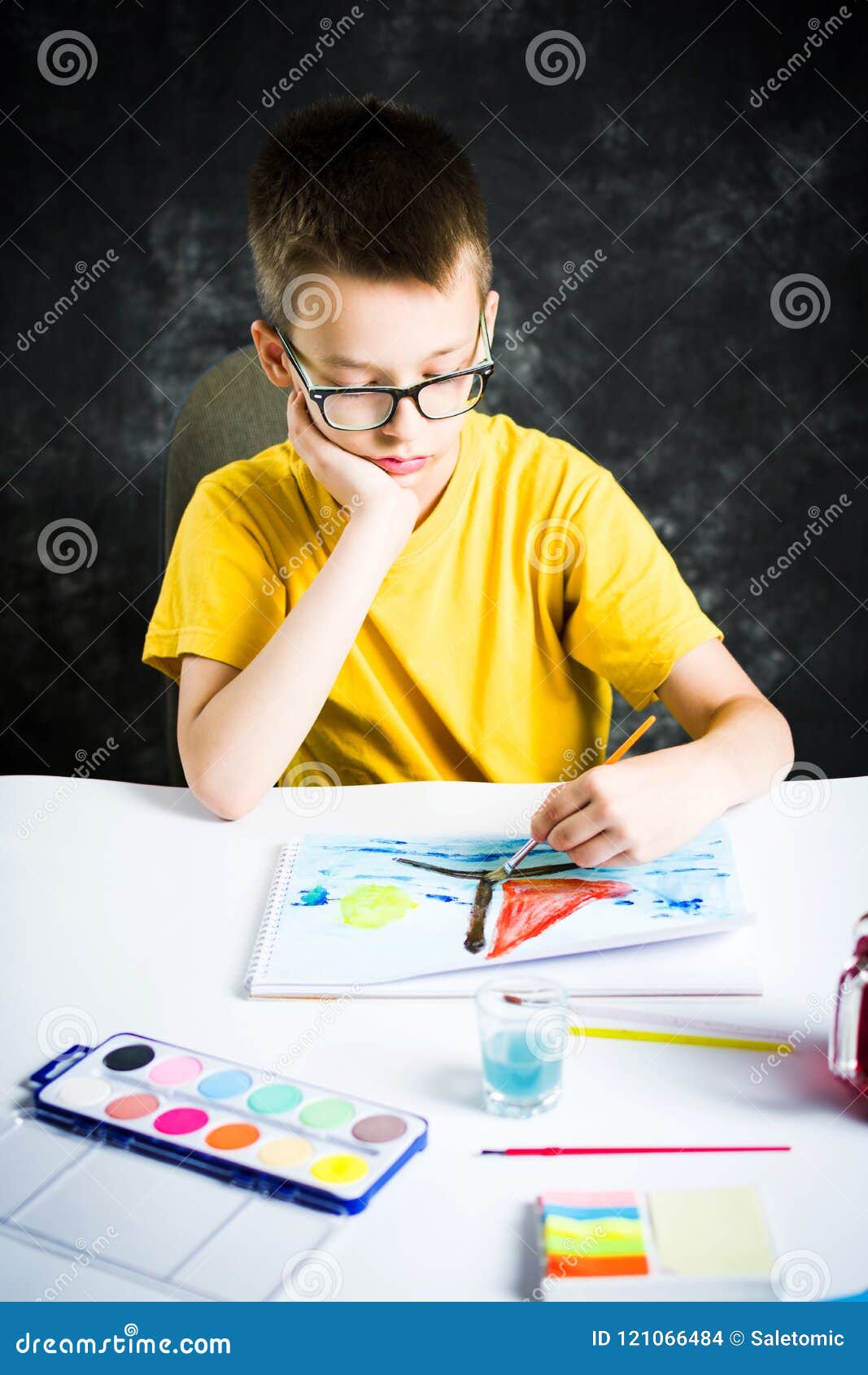 Schoolboy Making a Colorful Drawing at Home Stock Photo - Image of ...