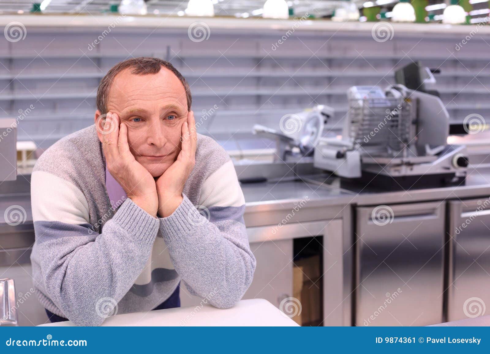Bored Seller in Shop with Empty Shelves Stock Image - Image of male ...