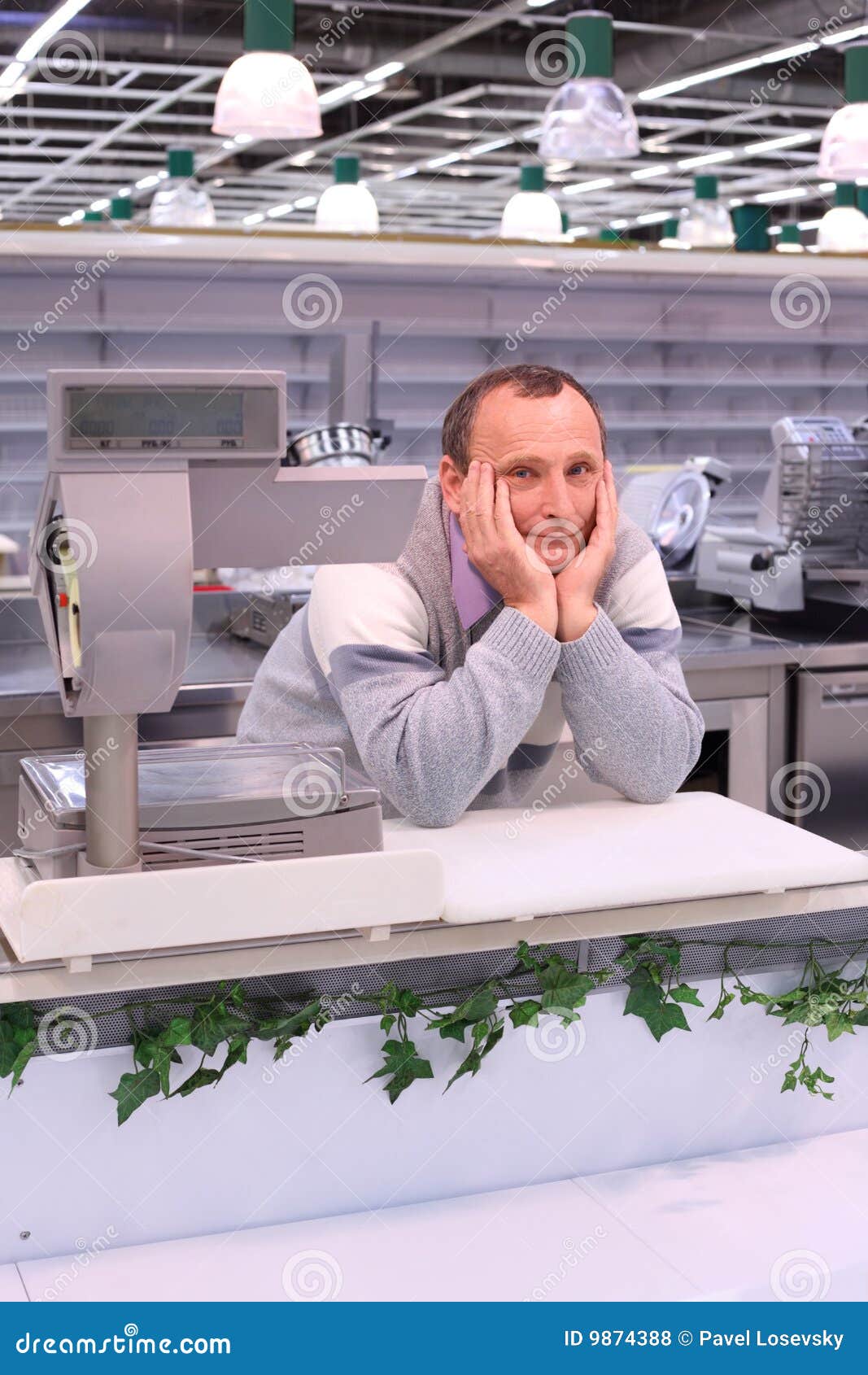 Bored Seller in Shop with Empty Shelves Stock Photo - Image of crisis ...
