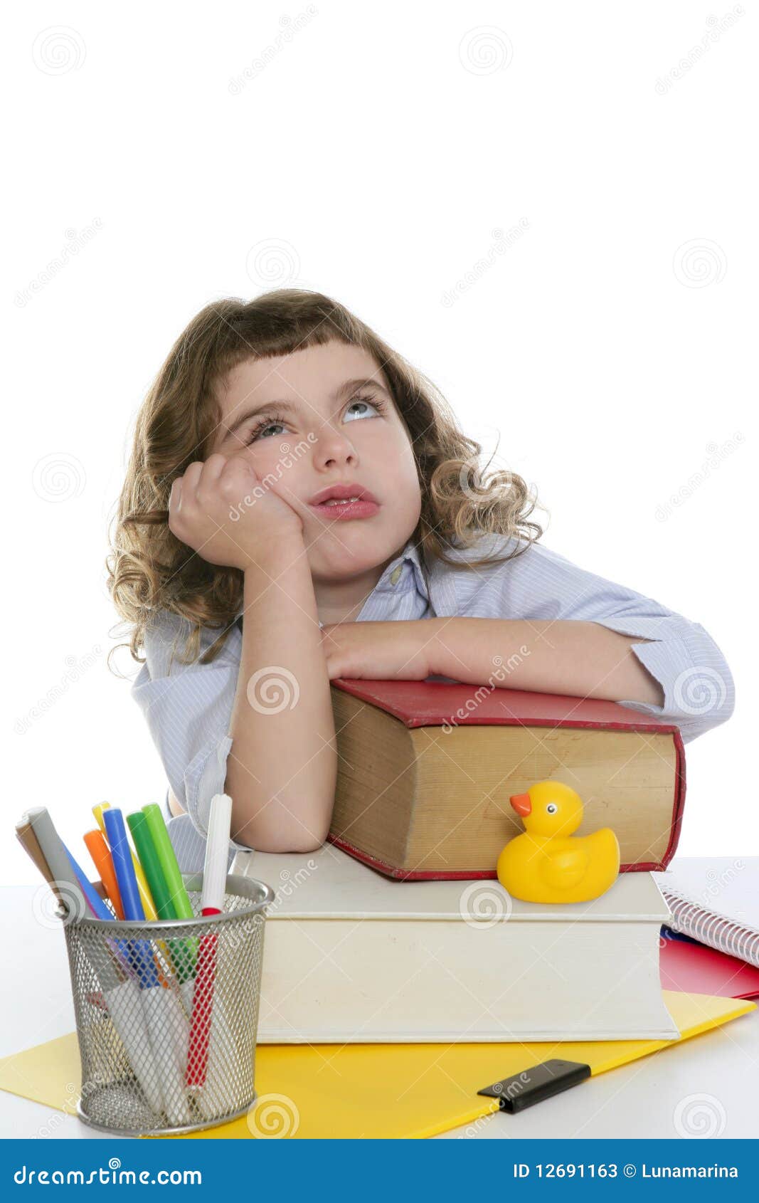 Bored Student Little Girl Isolated on White Stock Image - Image of ...