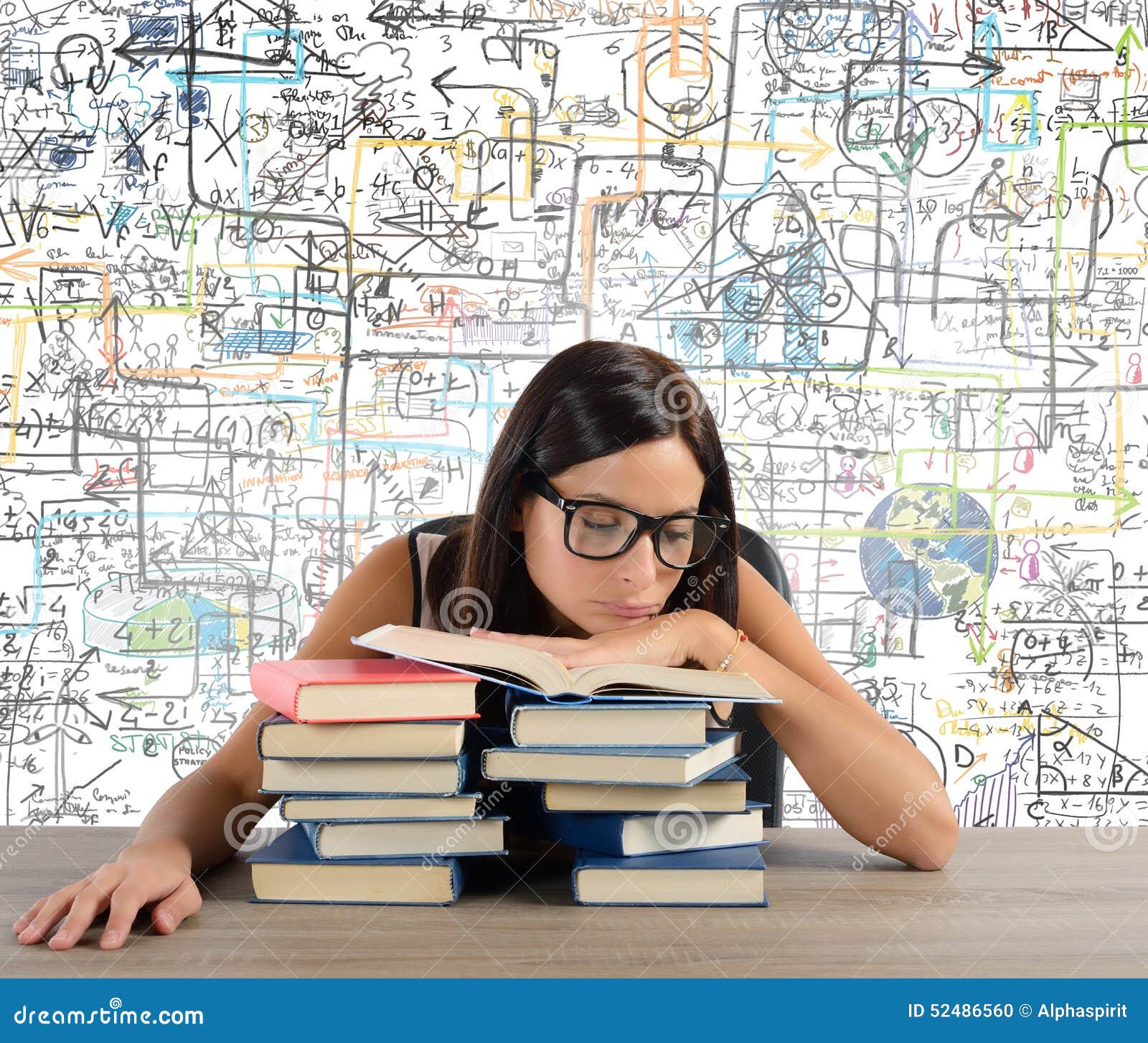 Bored student reads books stock photo. Image of lesson - 52486560