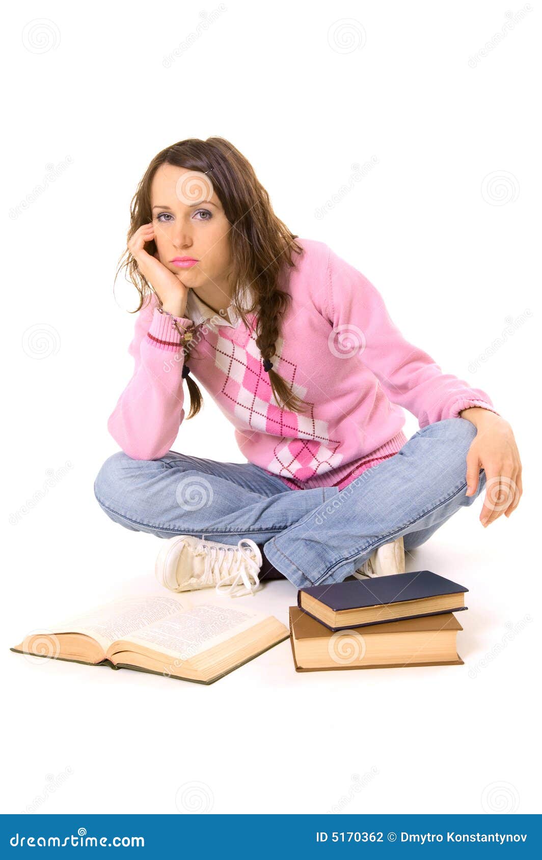 Bored Student Sitting on the Floor with Books Stock Photo - Image of ...