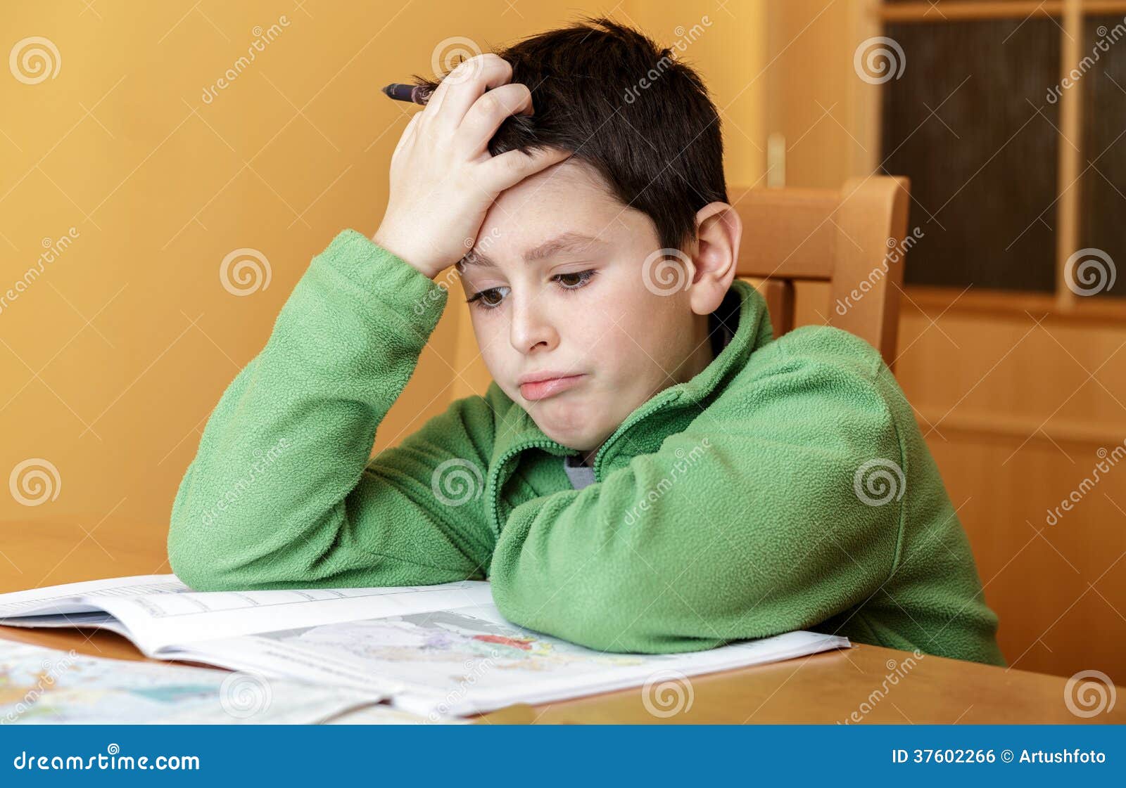 Bored and Tired Boy Doing Homework Stock Photo - Image of pensive ...
