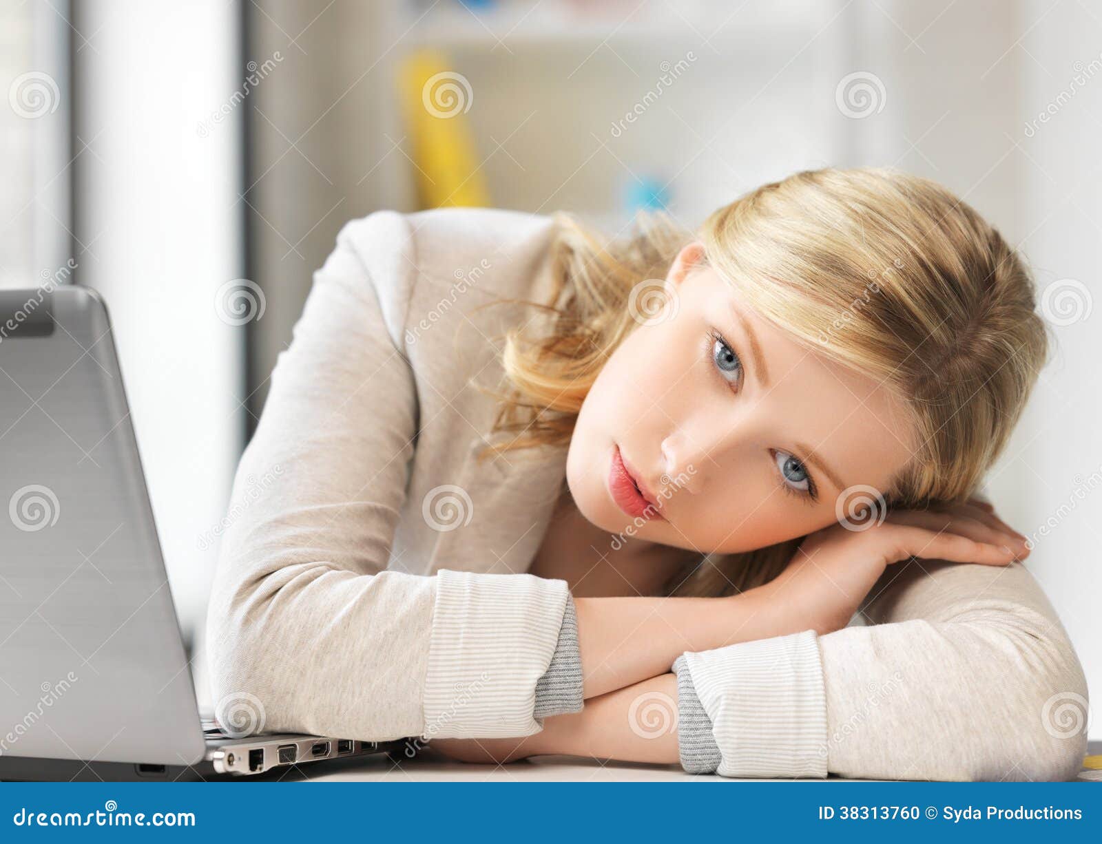 Bored and Tired Woman Behind the Table Stock Photo - Image of notebook ...