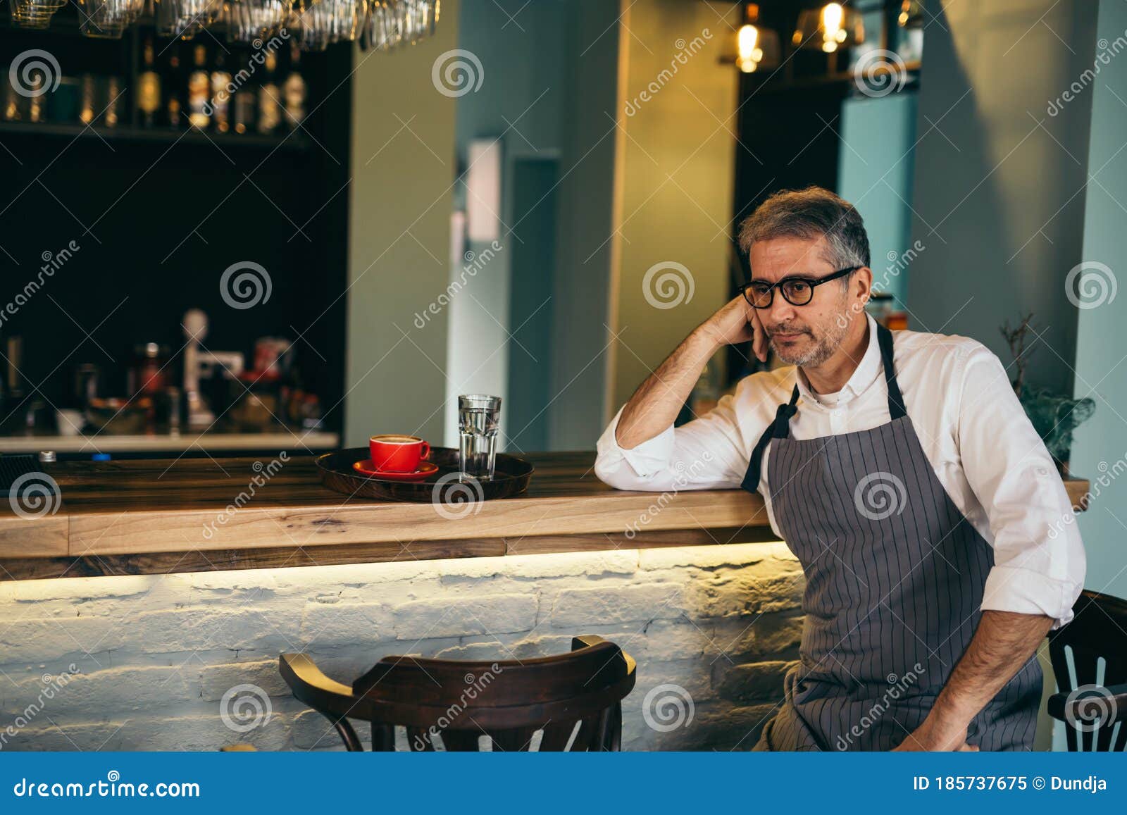 Bored Waiter Sitting in Cafe Bar Stock Image - Image of caucasian ...