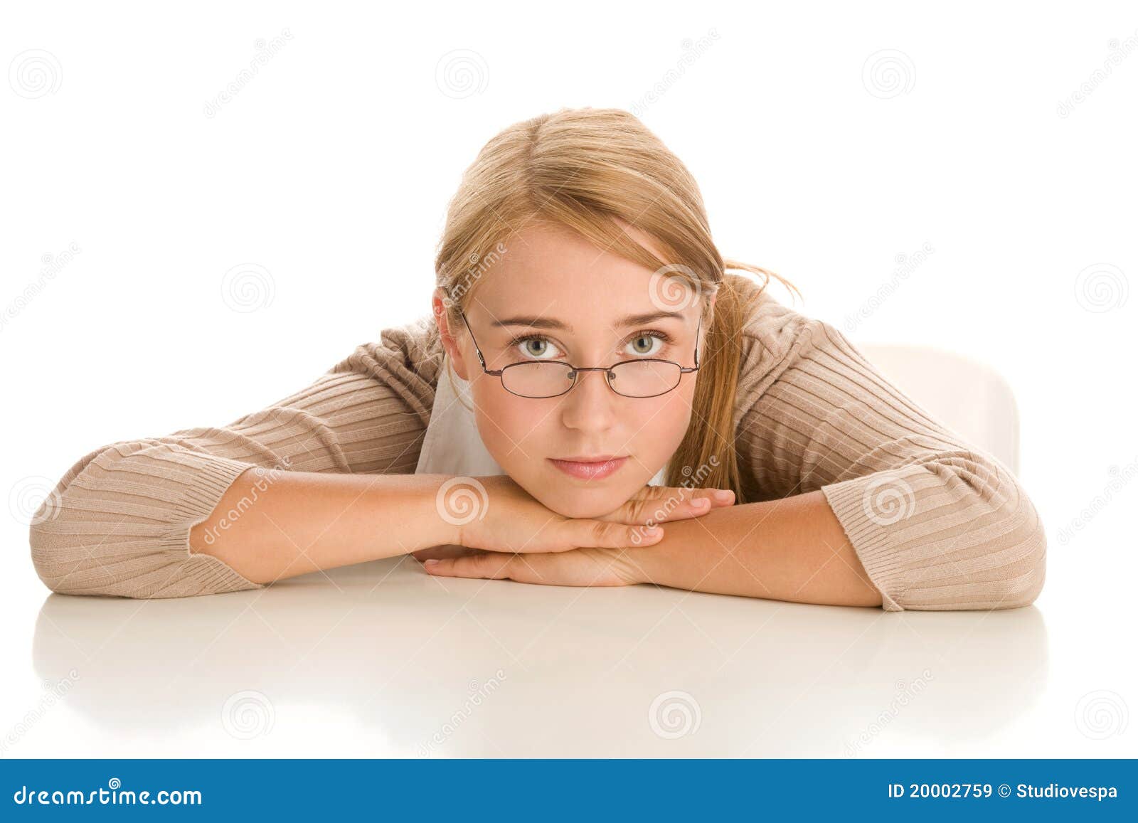 Bored woman behind desk stock image. Image of eyes, hand - 20002759