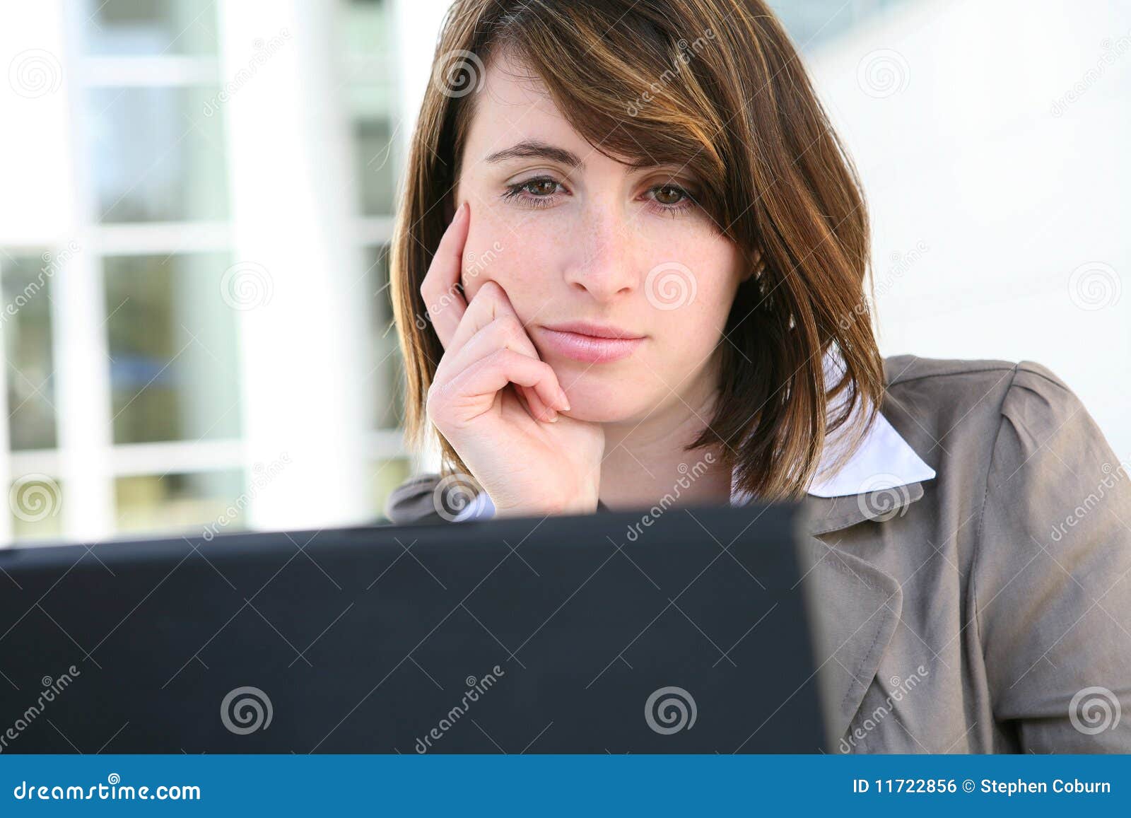 Bored Woman on Laptop Computer Stock Photo - Image of contemplate, girl ...