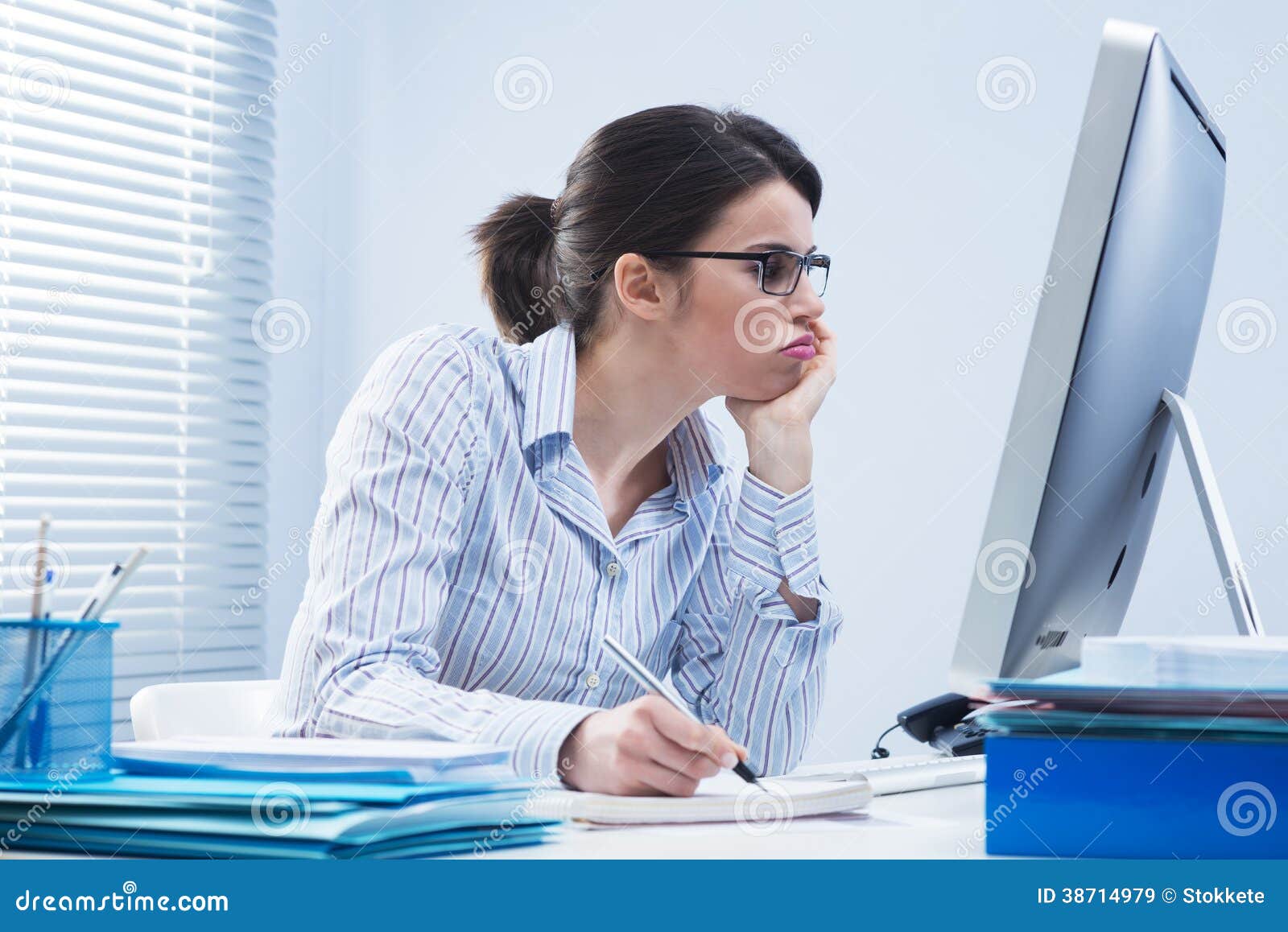 Bored woman at office stock image. Image of person, chin - 38714979