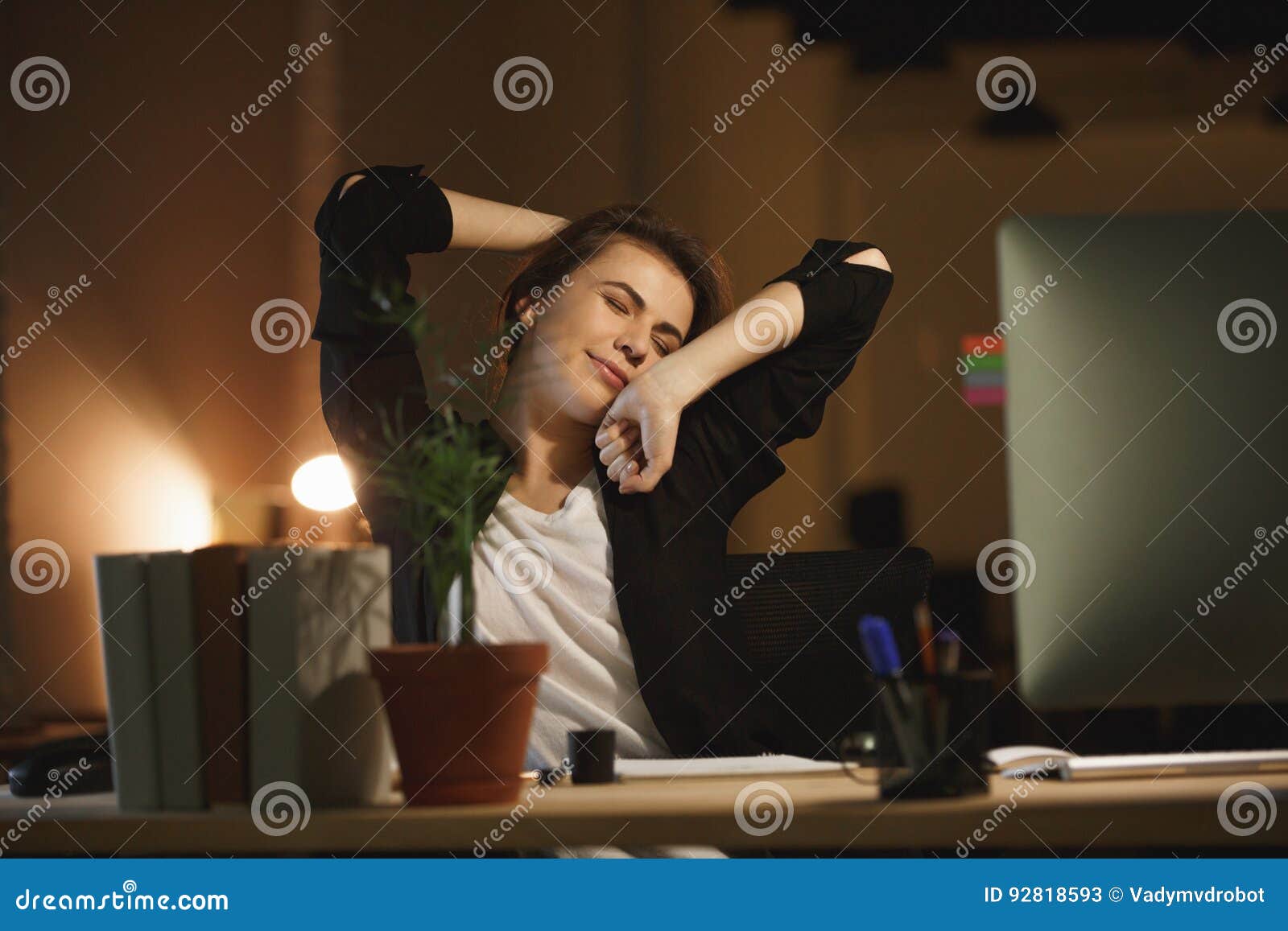 Bored Young Woman Designer Sitting in Office at Night Stock Image ...