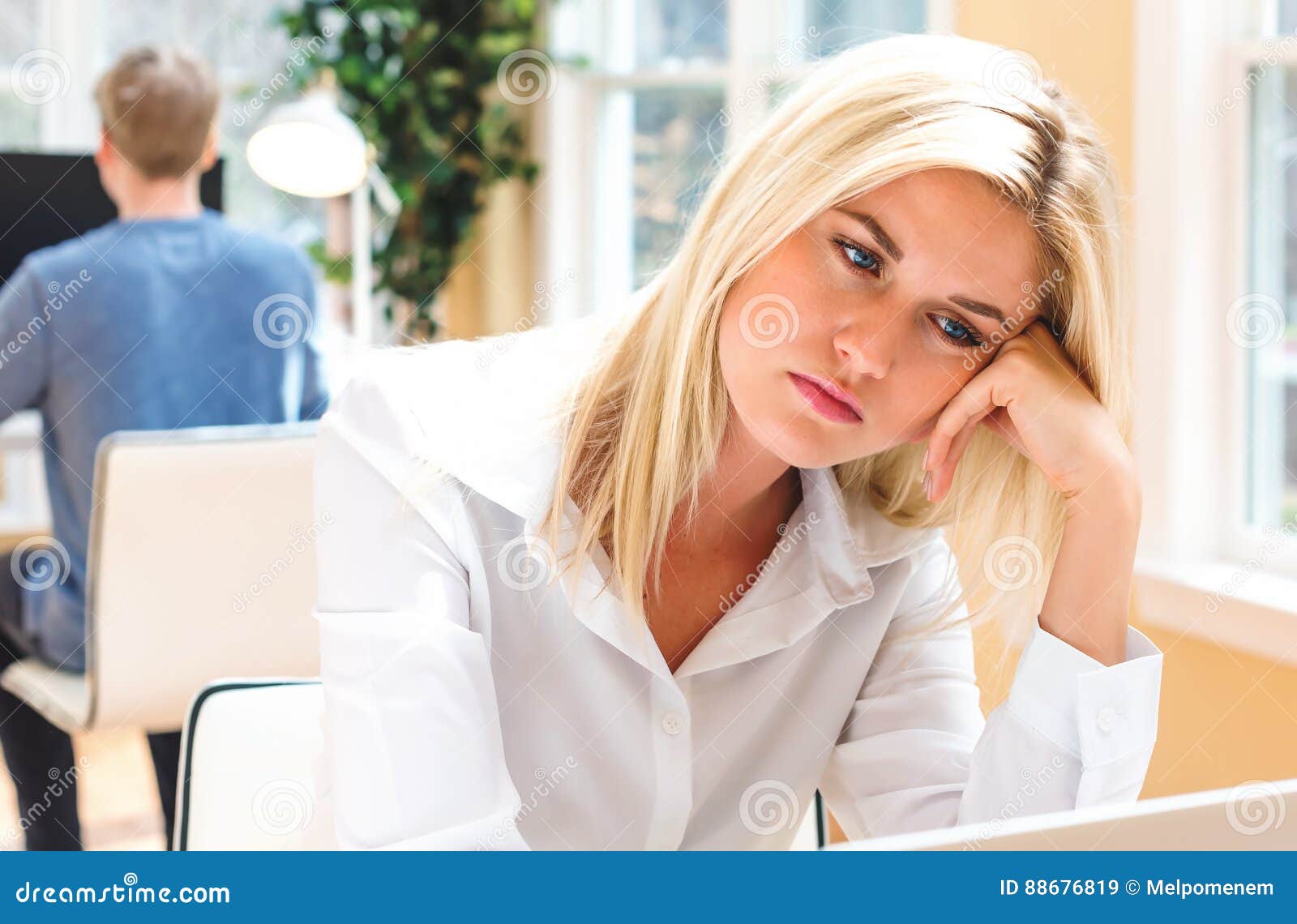 Bored Young Woman Sitting at Her Desk Stock Image - Image of computer ...
