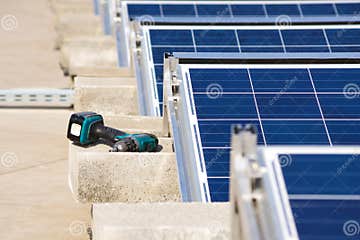 Borer by the Solar Panel Flat Roof Construction Stock Image - Image of ...