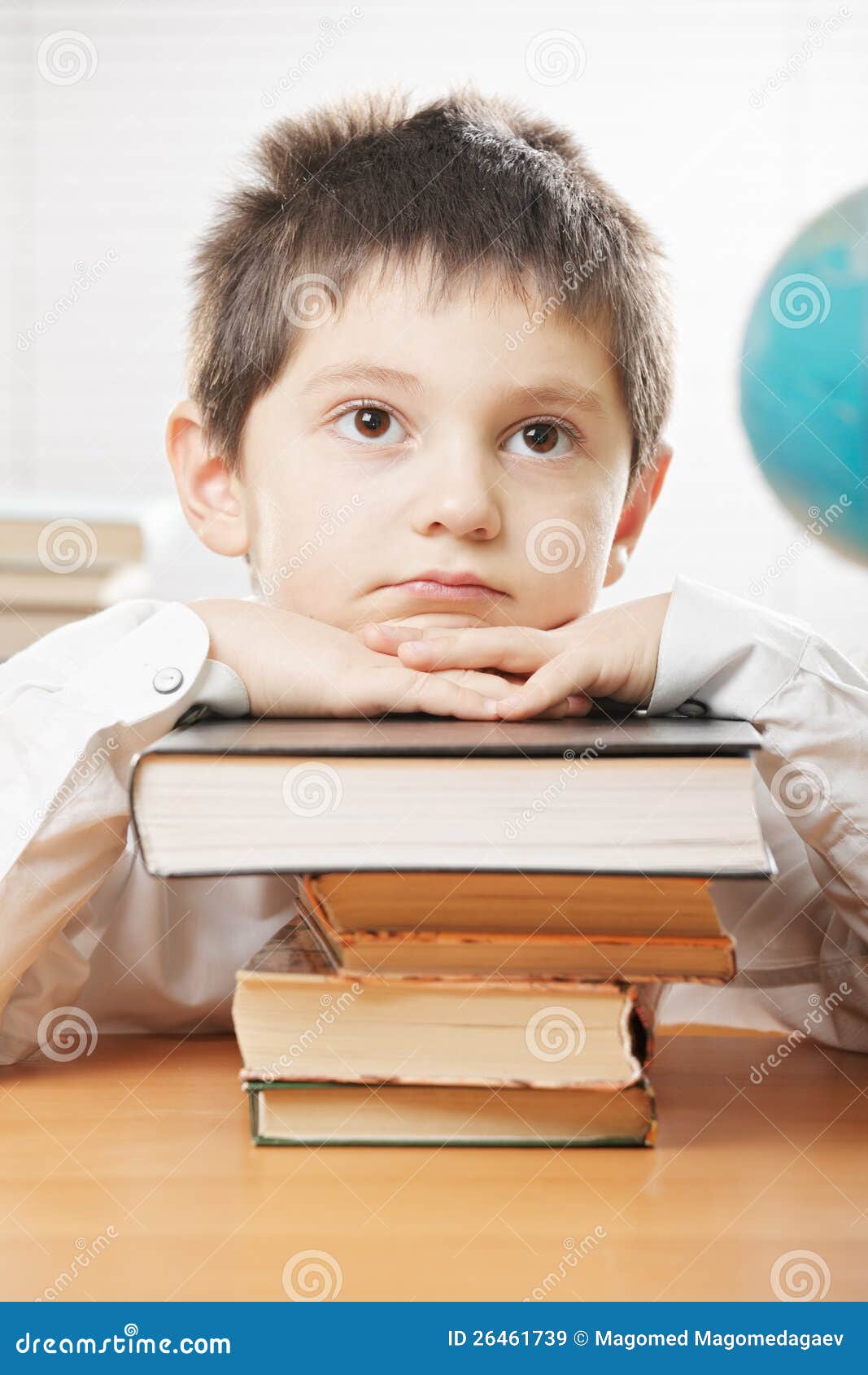 Boring Boy Leaning on Stack of Books Stock Image - Image of person ...