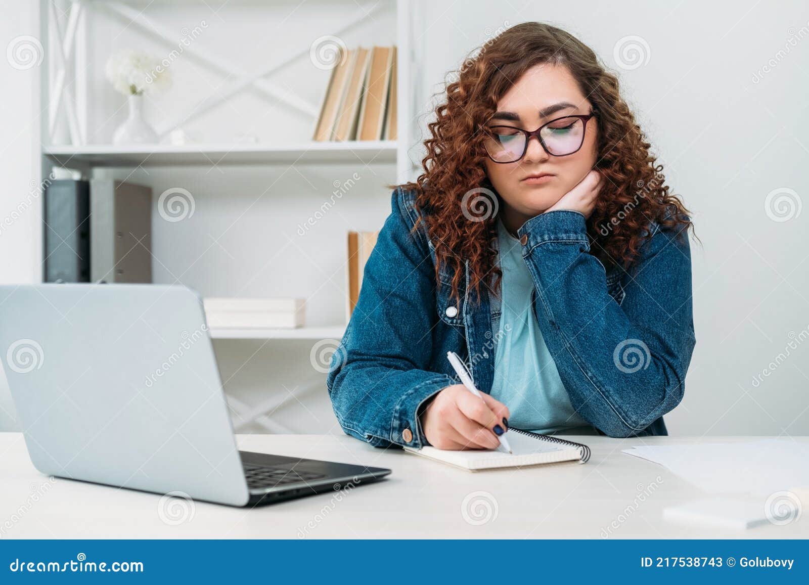 Boring Lesson Sad Woman Making Notes Work Task Stock Image - Image of ...
