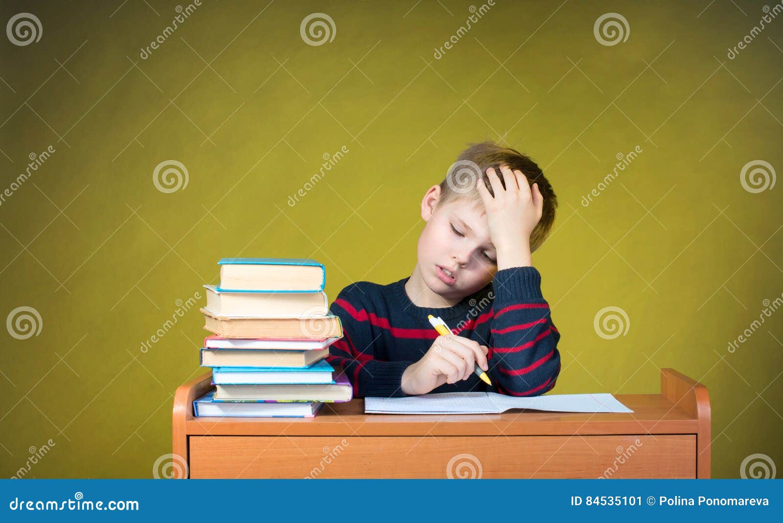 Boring School Studies. Homework. Tired Little Boy Writing. Education ...