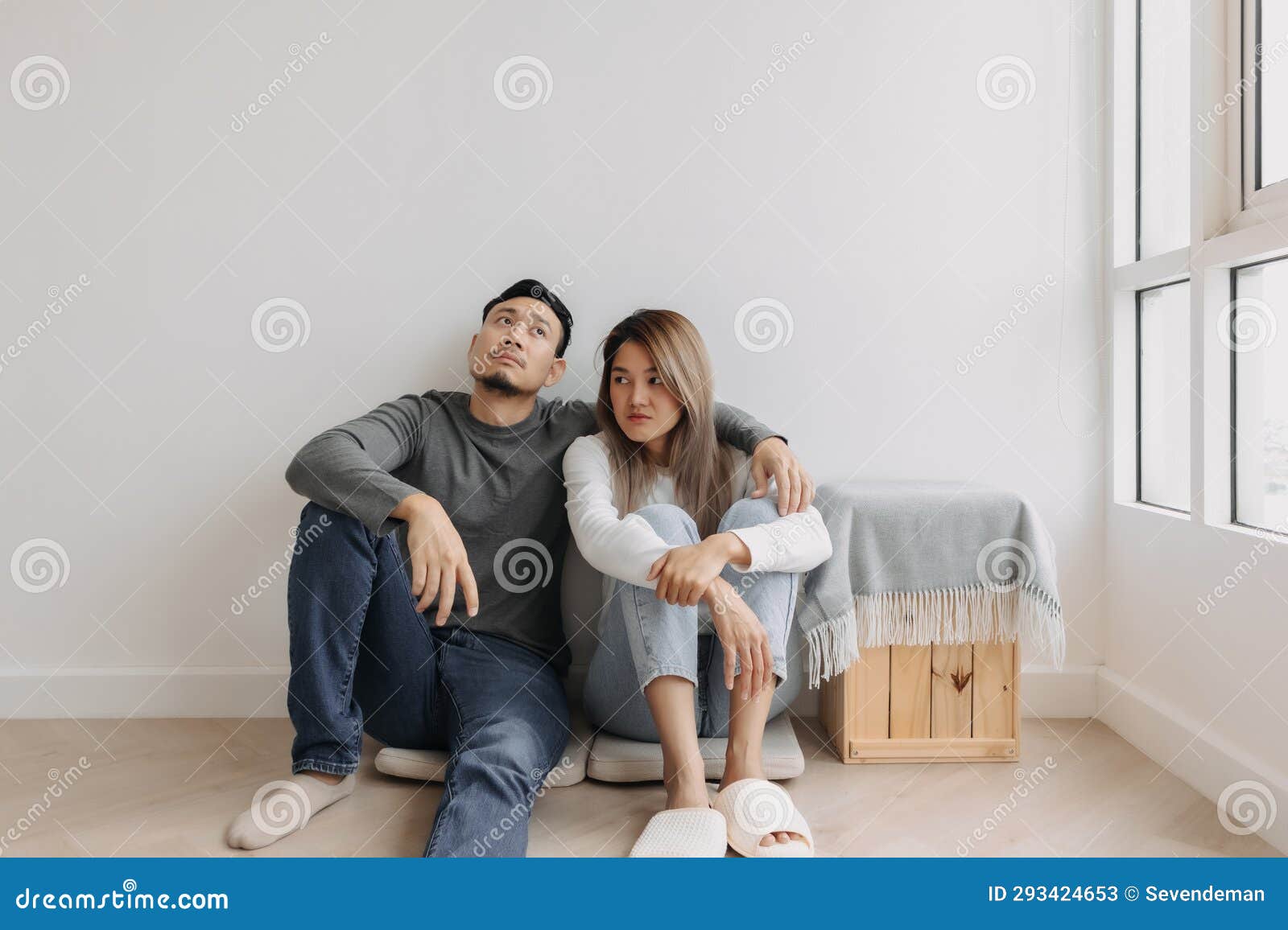Boring and Tired Faces of Lover Sit on the Floor of Empty Room. Stock ...