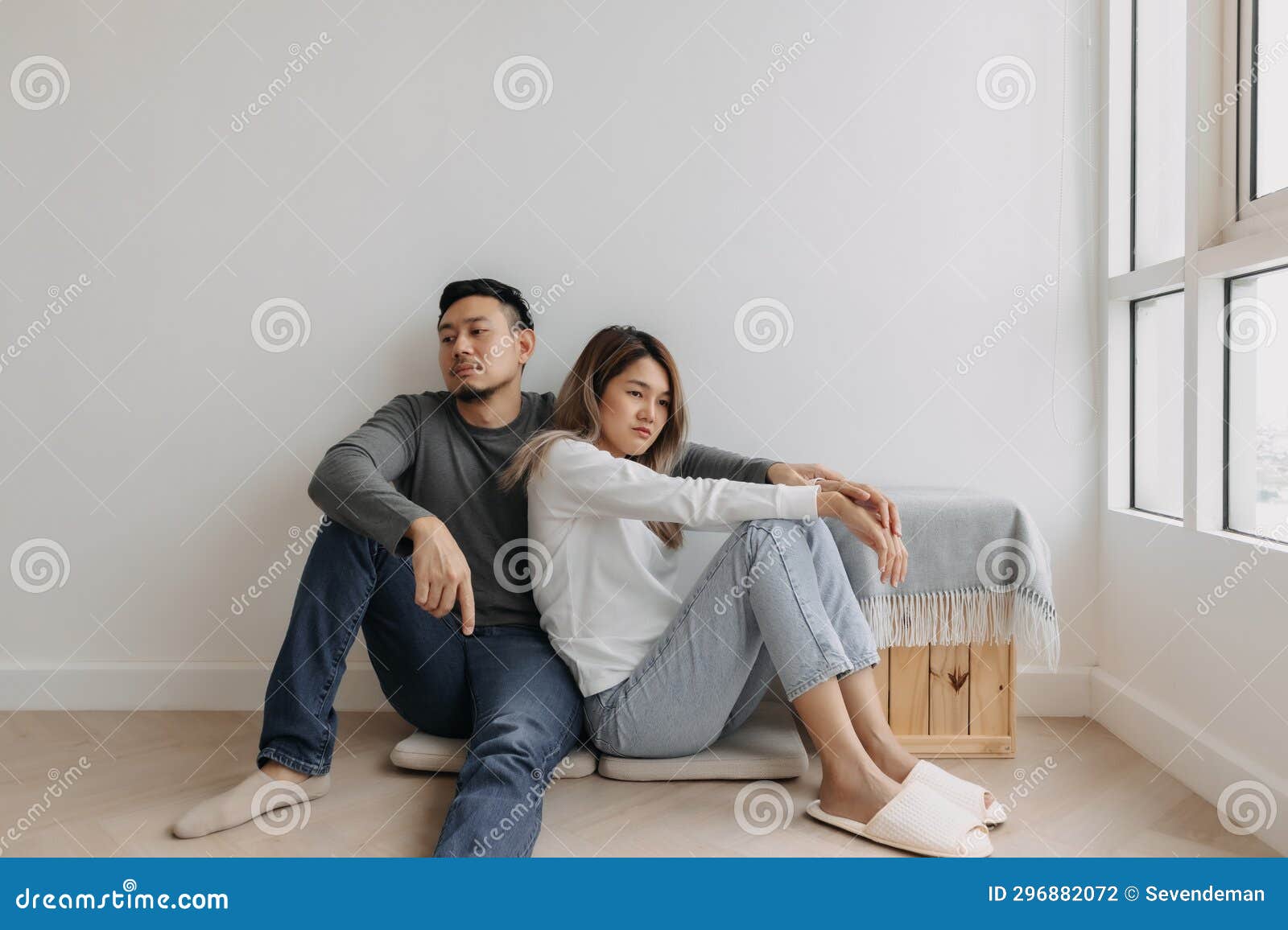 Boring and Tired Faces of Lover Sit on the Floor of Empty Room. Stock ...