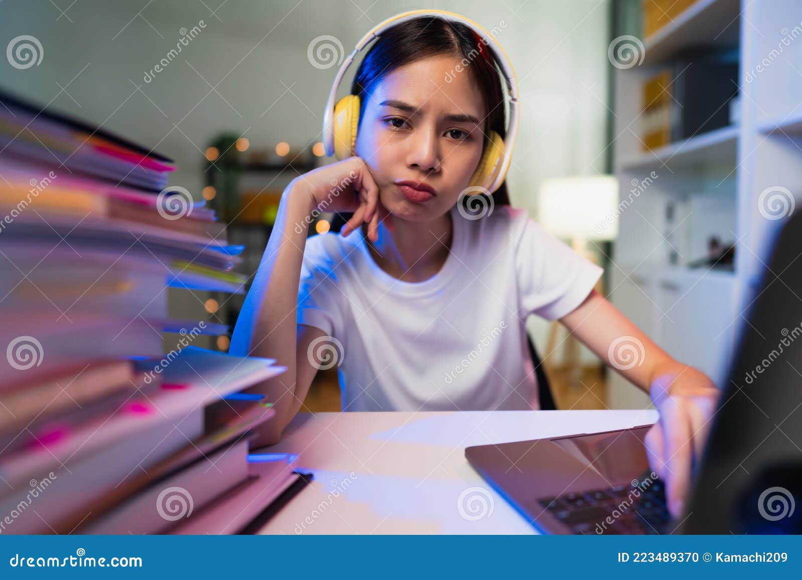 Boring Young Woman Wearing Headset and Hand Typing on Keyboard with ...