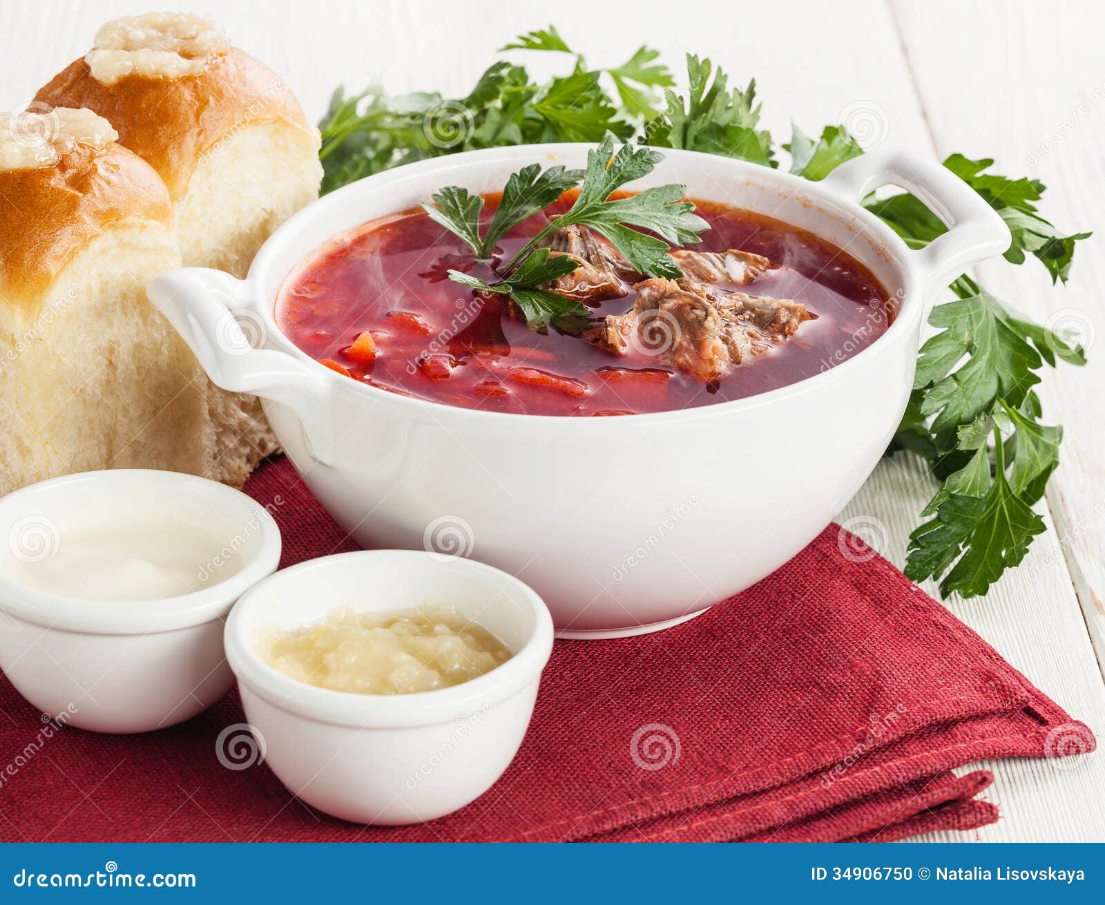 Borsch with Bread Pampushki Stock Photo - Image of spoon, vegetable ...