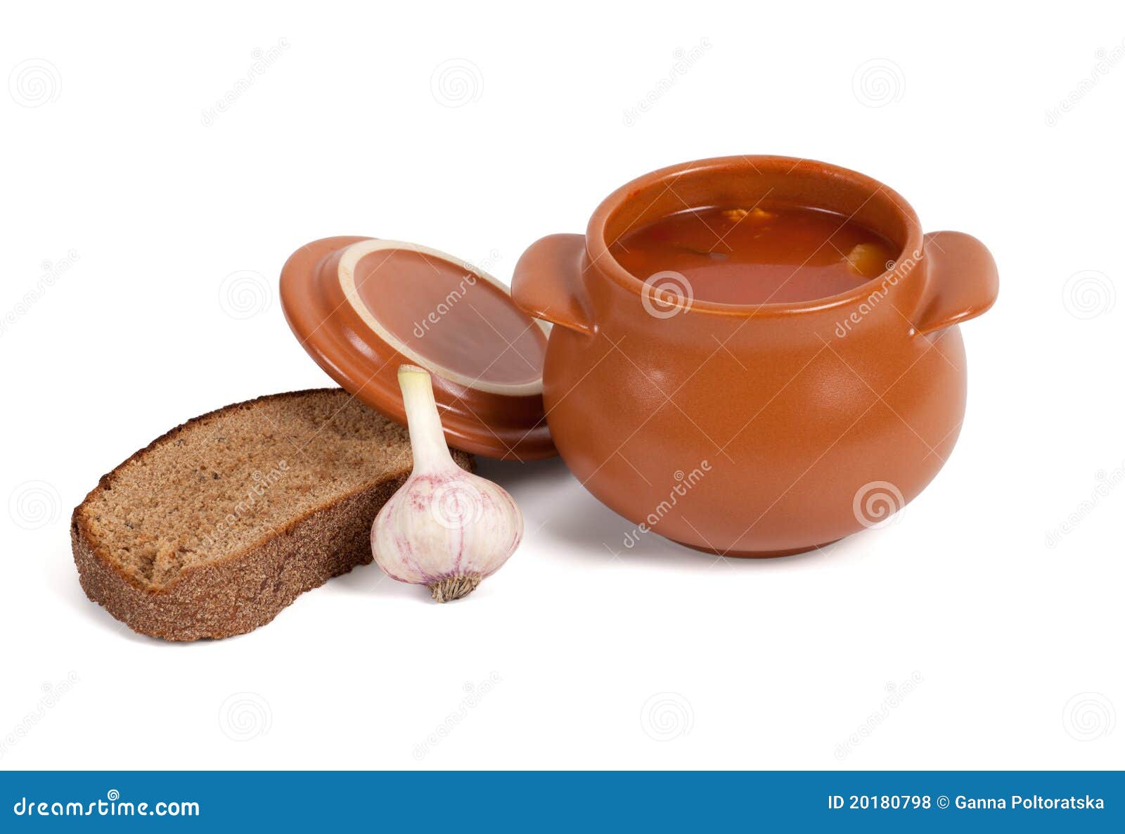 Borsch in Clay Pot with Bread and Garlic Stock Photo - Image of bisk ...