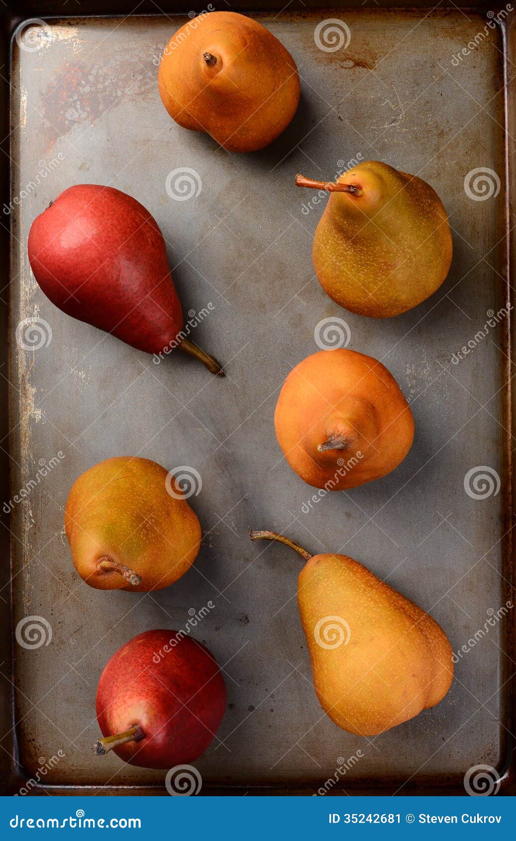 Bosc and Red Pears on Baking Sheet Stock Image - Image of overhead ...