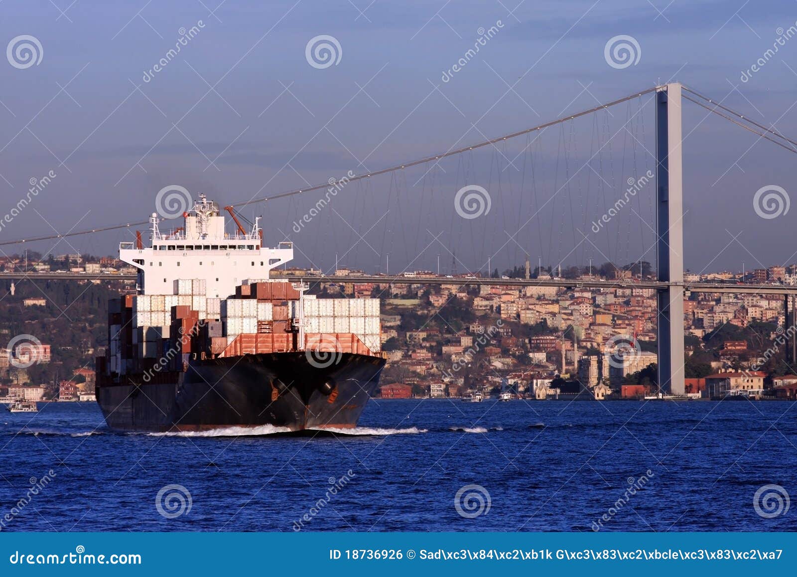 Bosphorus Bridge and Cargo Ship Stock Photo - Image of europe, boat ...