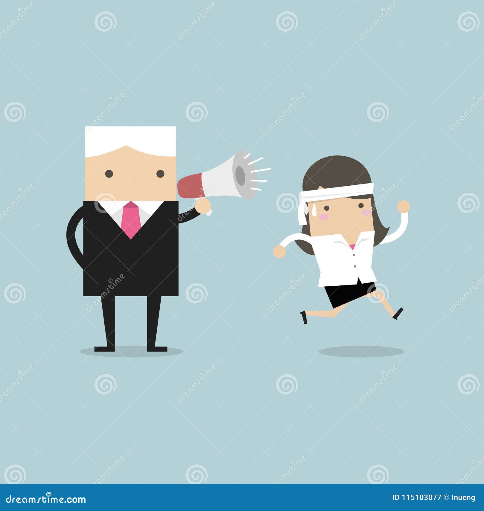 Boss Commanding Officers into a Megaphone. Employees Run Work Stock ...