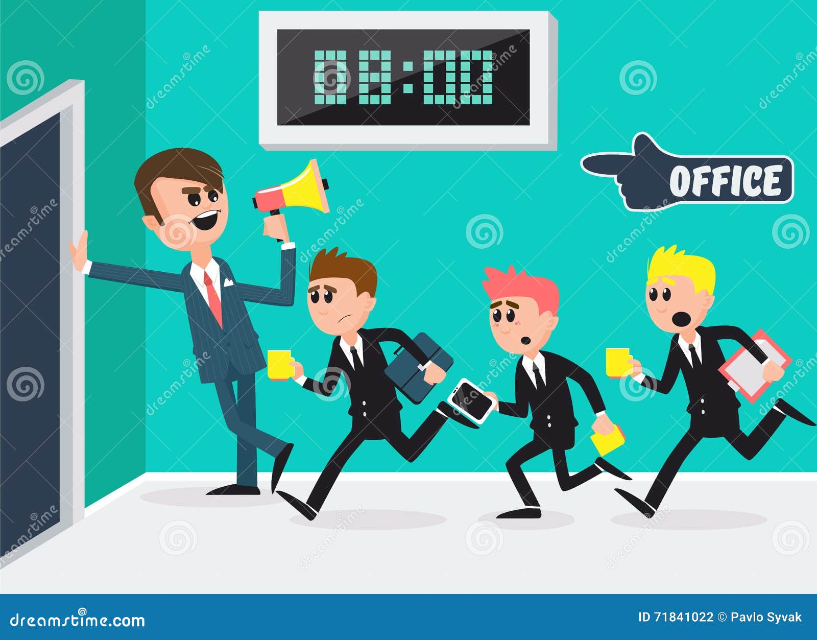 Boss with Megaphone. Workers Running To Office Stock Vector ...
