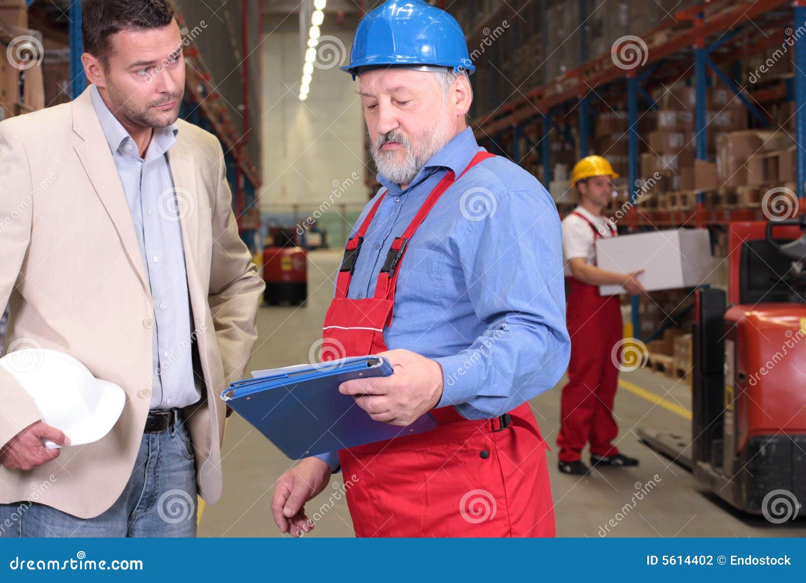 Boss + Old Worker in Warehouse Stock Photo - Image of crate, management ...