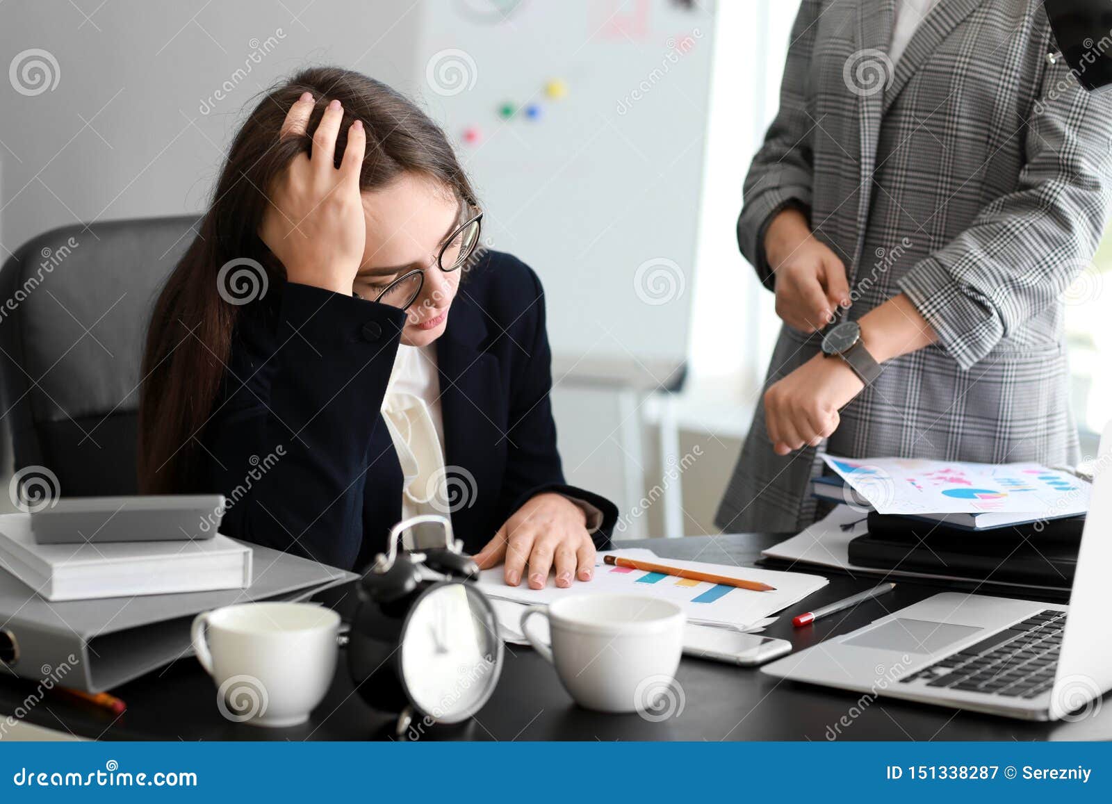 Boss Reminding Young Woman of Duration in Office Stock Image - Image of ...