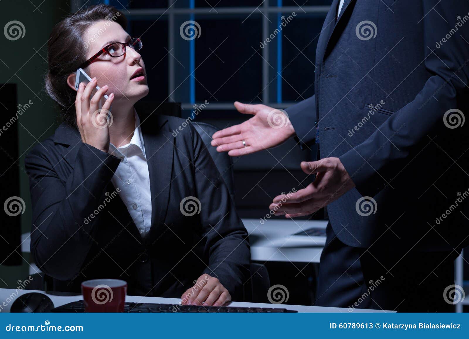 Boss and scared secretary stock image. Image of desk - 60789613