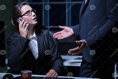 Boss and scared secretary stock image. Image of desk - 60789613