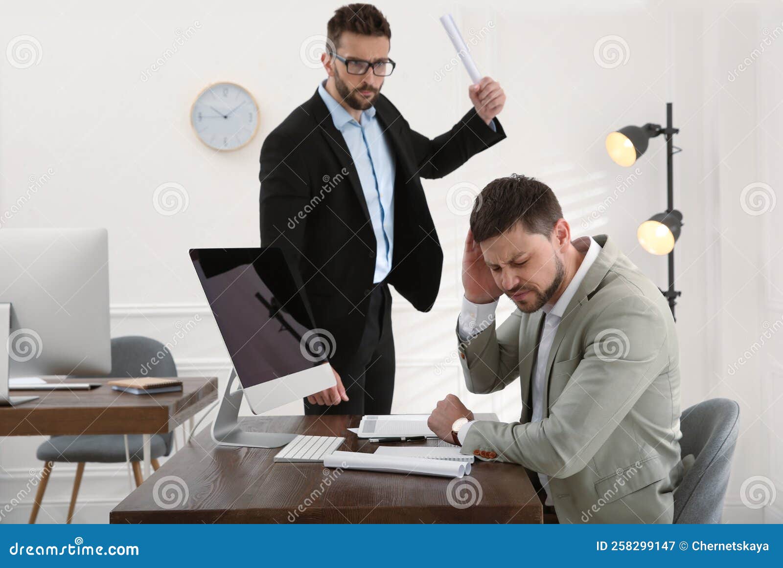 Boss Scolding Employee in Office. Toxic Work Environment Stock Image ...