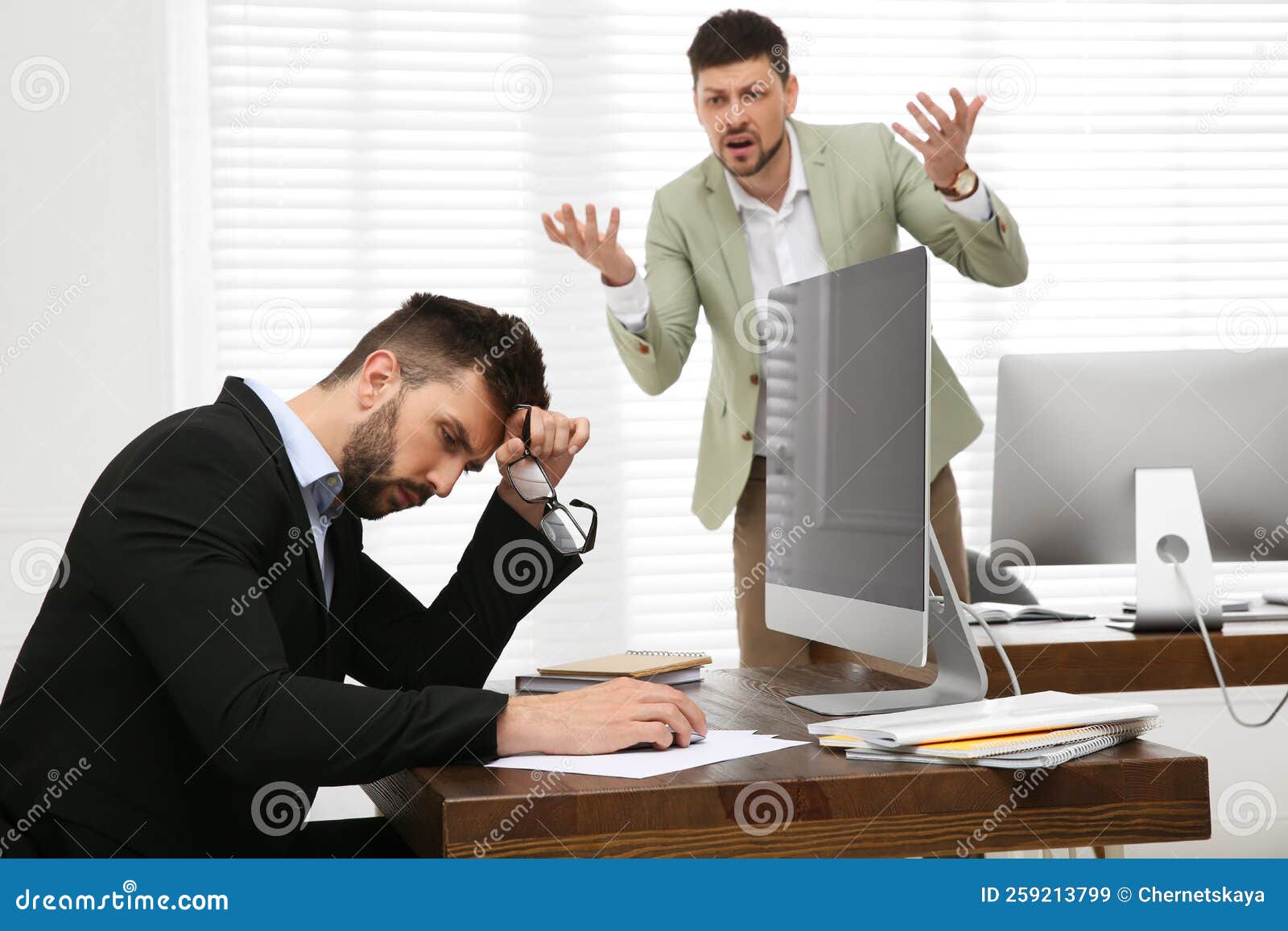 Boss Screaming at Employee in Office. Toxic Work Environment Stock ...