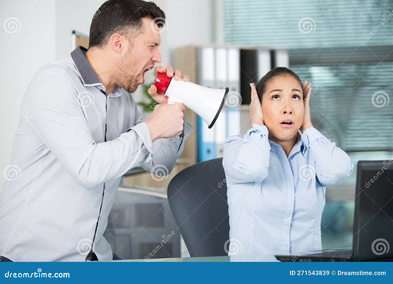Boss Shouting through Megaphone at Office Worker Stock Image - Image of ...