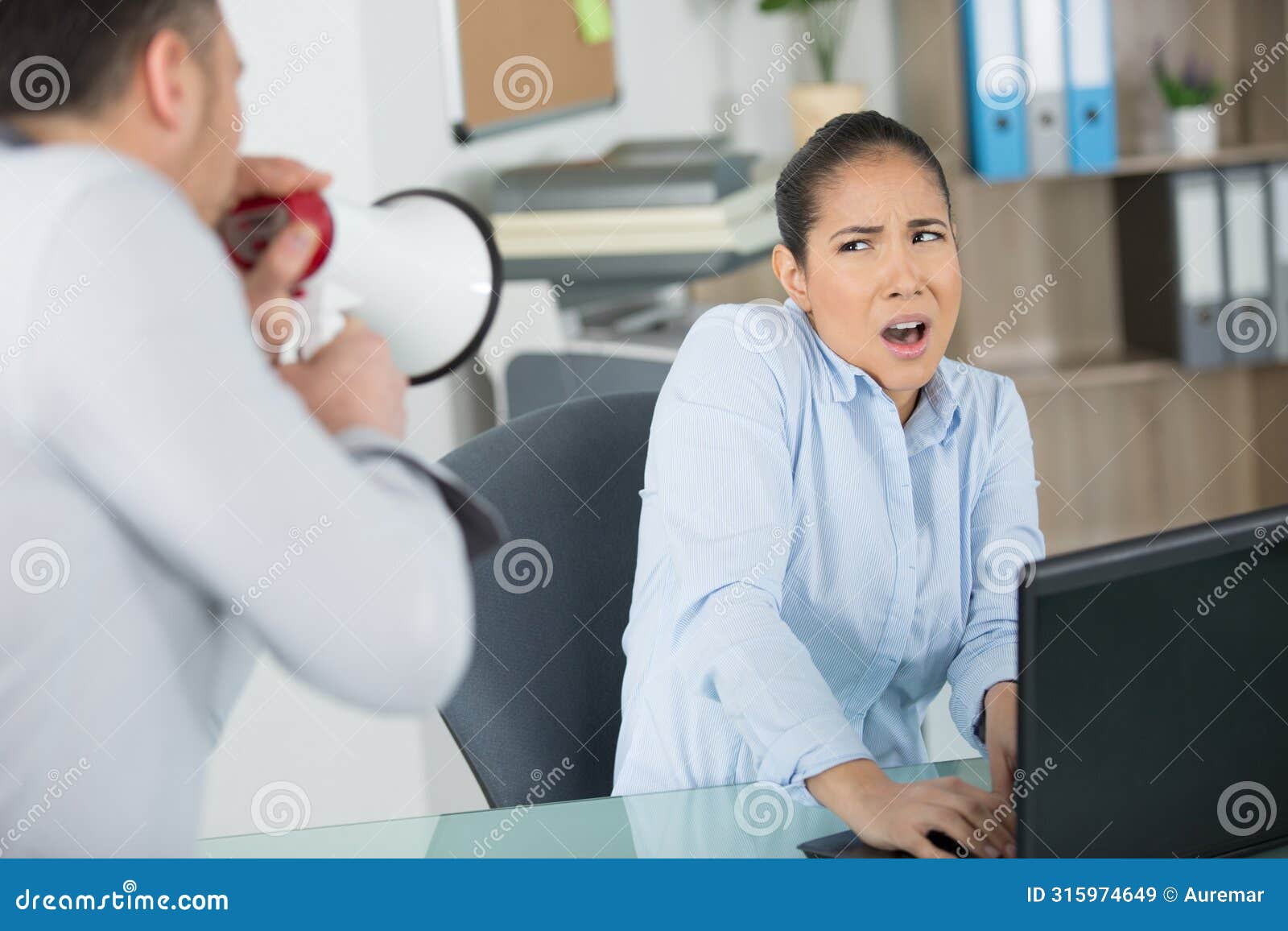Boss Shouting at Office Worker through Megaphone Stock Image - Image of ...