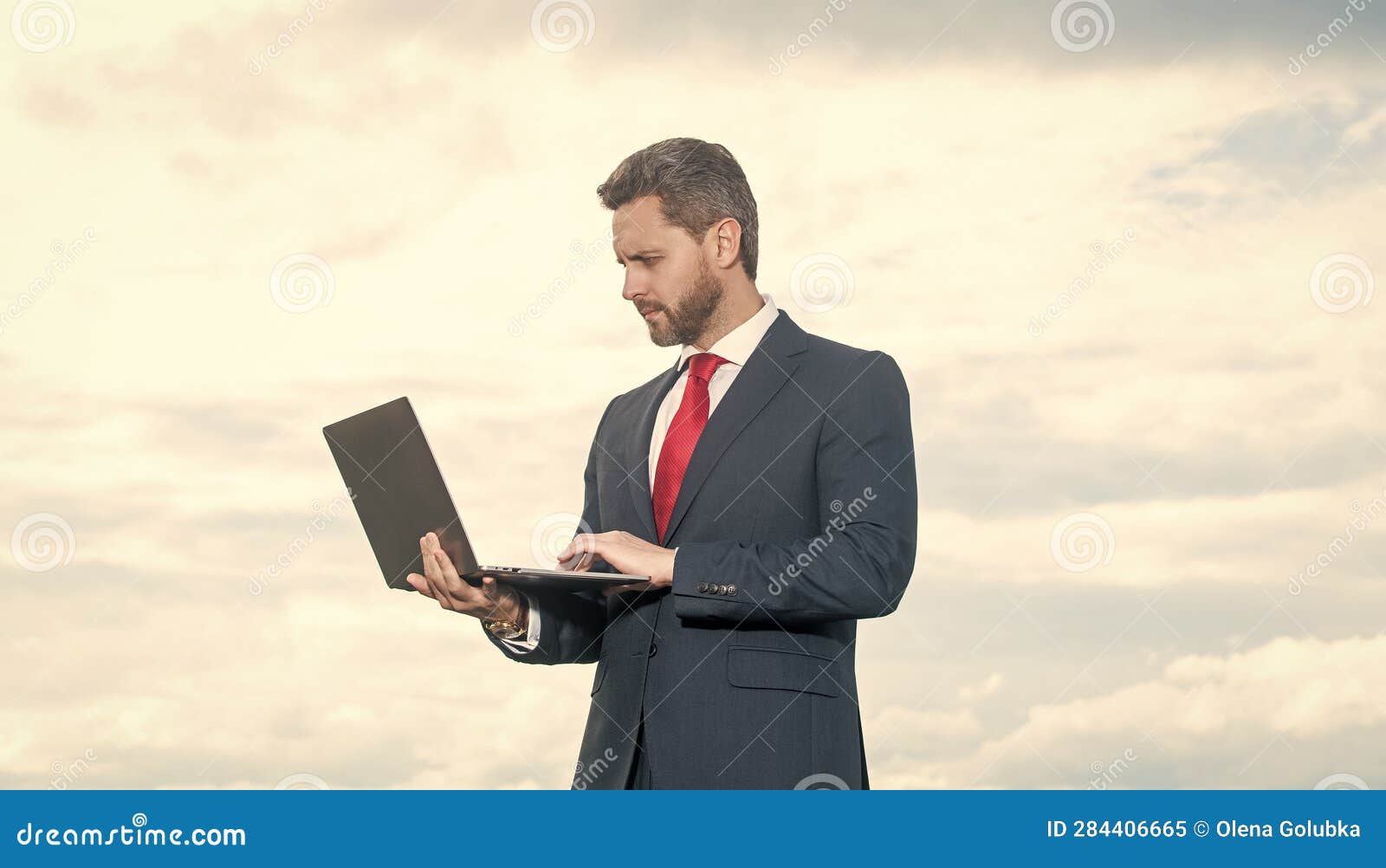 Boss in Suit Using Laptop on Sky Background Stock Image - Image of ...