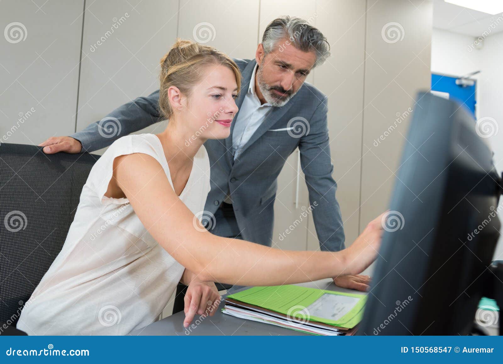 Boss talking to employee stock image. Image of check - 150568547