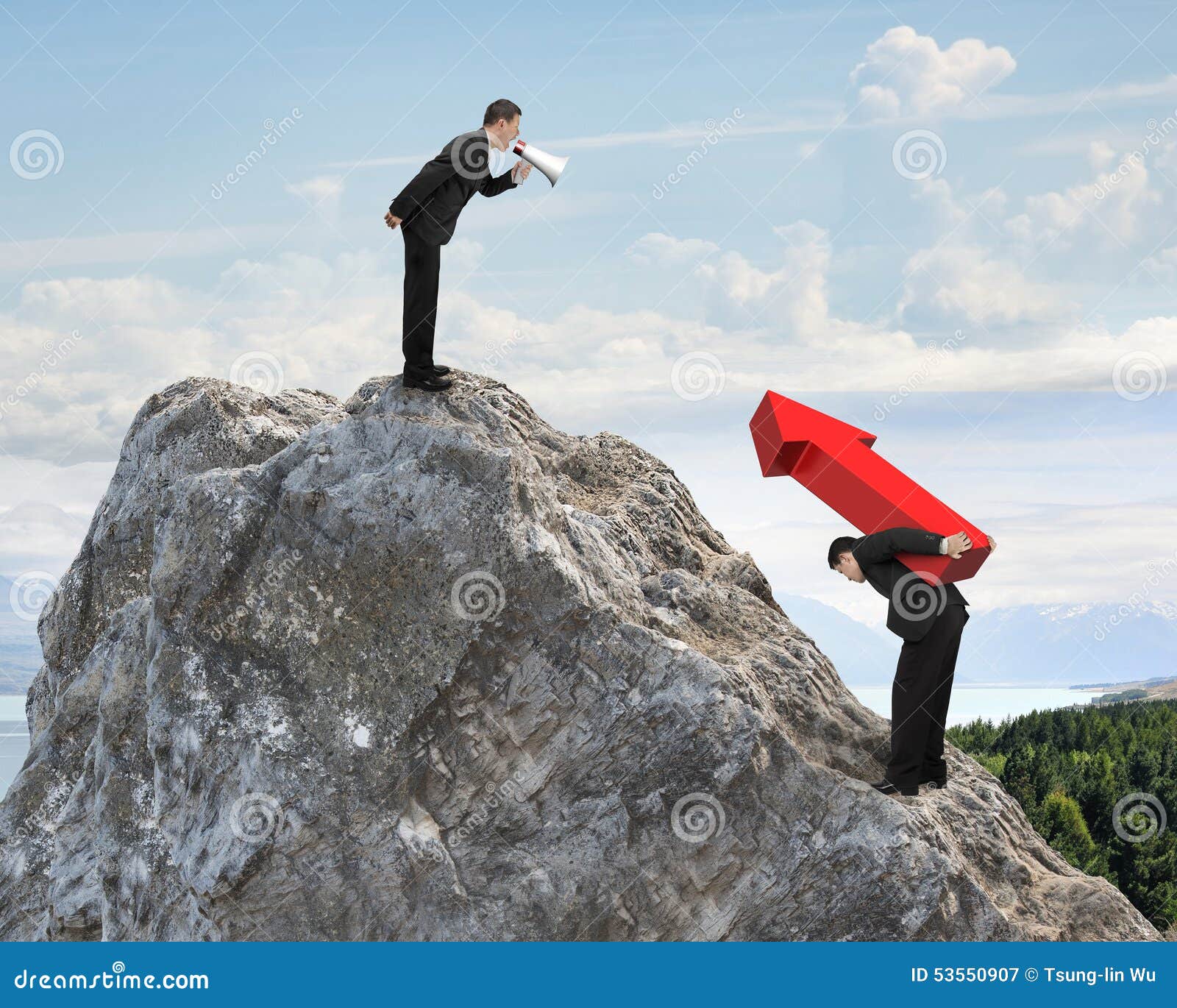 Boss Using Megaphone Commanding Employee Carrying Arrow Sign Wit Stock ...