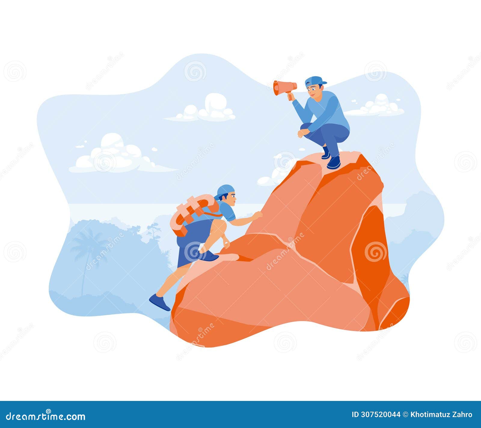 Boss Using a Megaphone on Top of the Cliff. Instruct Employees To Climb ...