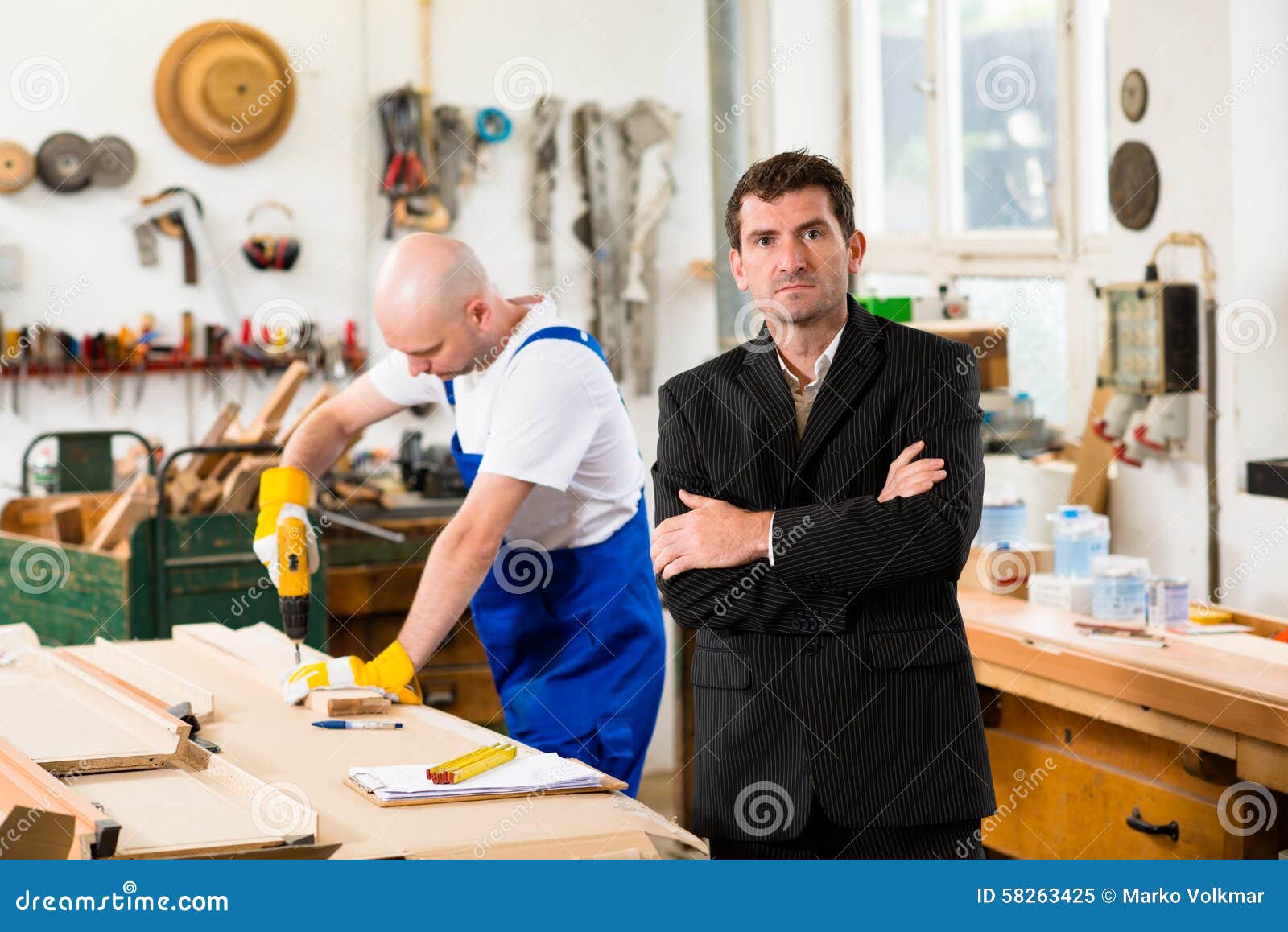 Boss and Worker in a Carpenter S Workshop Stock Image - Image of ...