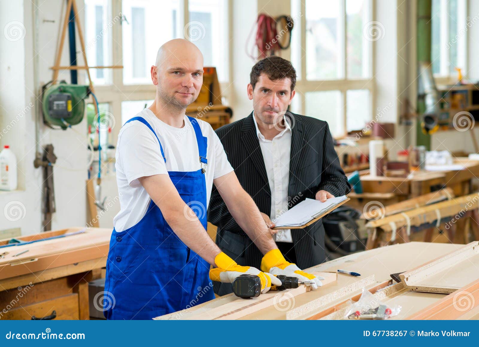 Boss and Worker in Carpenter S Workshop Stock Image - Image of ...